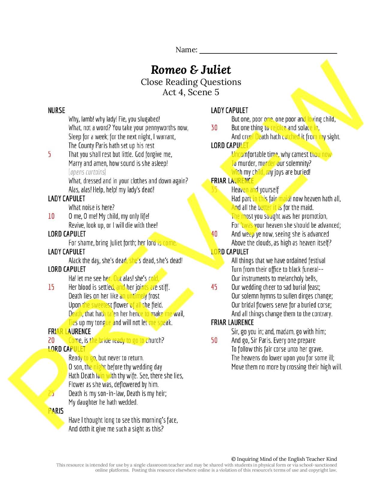 Romeo and Juliet Act 4 Scene 5 Close Reading Worksheet | Teaching Resources