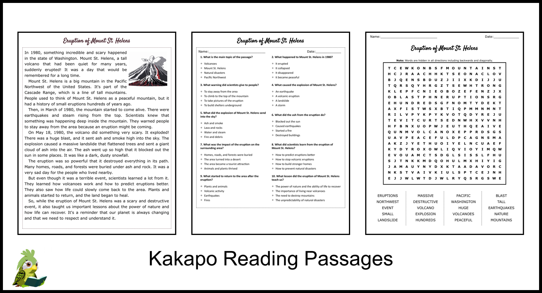 Eruption of Mount St. Helens Reading Comprehension and Word Search ...