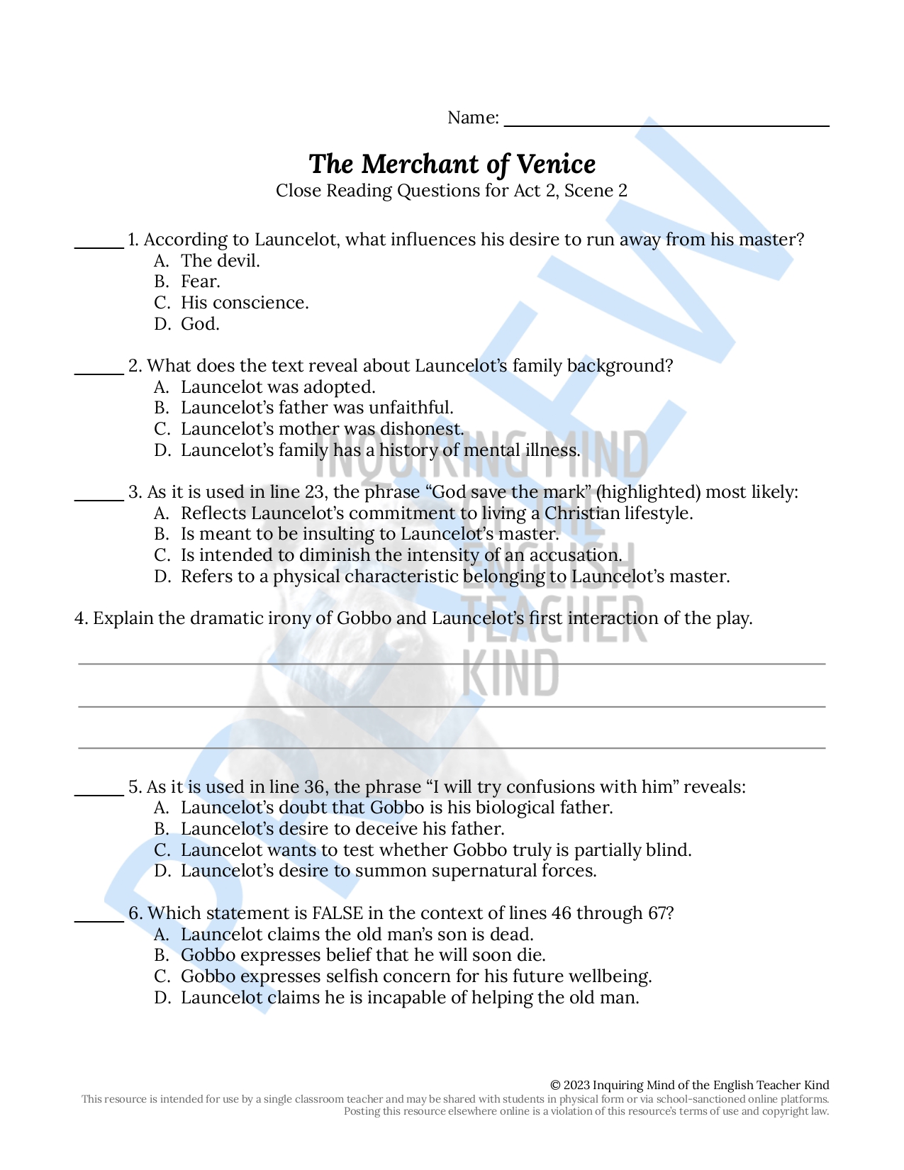 The Merchant of Venice Act 2 Scene 2 Close Reading Analysis Activity | Teaching Resources