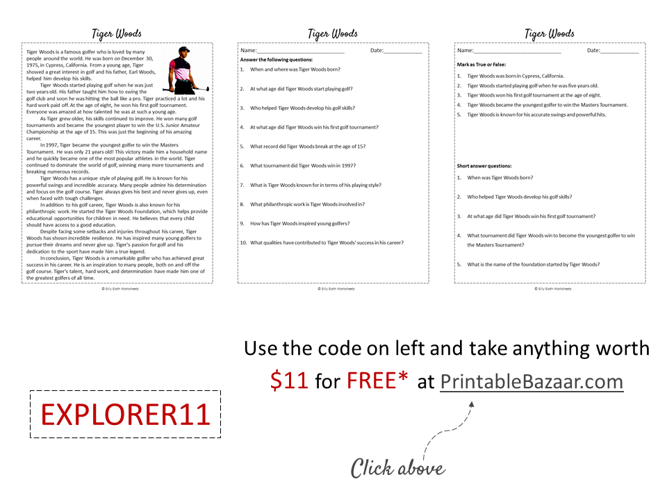 Tiger Woods Biography Reading Comprehension Passage Printable Worksheet ...
