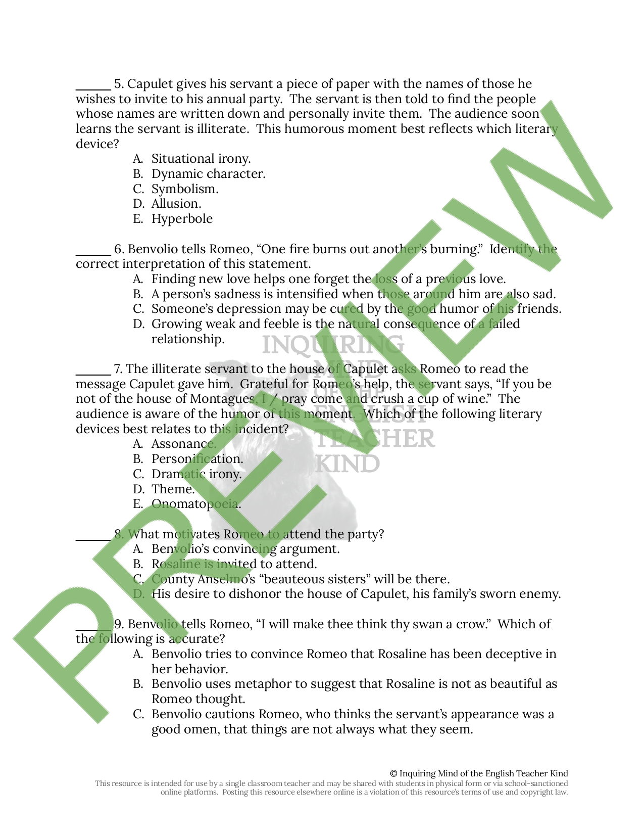 Romeo and Juliet Act 1 Scene 2 Close Reading Worksheet | Teaching Resources