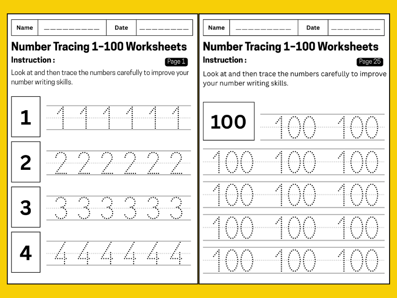 Number Tracing 1–100 Worksheets | Printable Math & Handwriting Practice ...