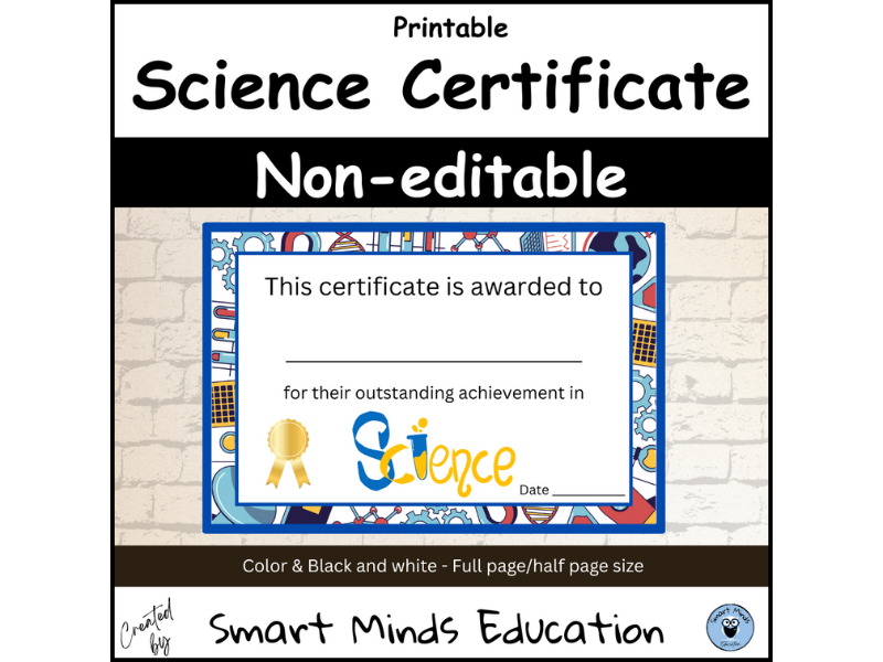 SCIENCE CERTIFICATE AWARD PRINTABLE *NON EDITABLE* | Teaching Resources