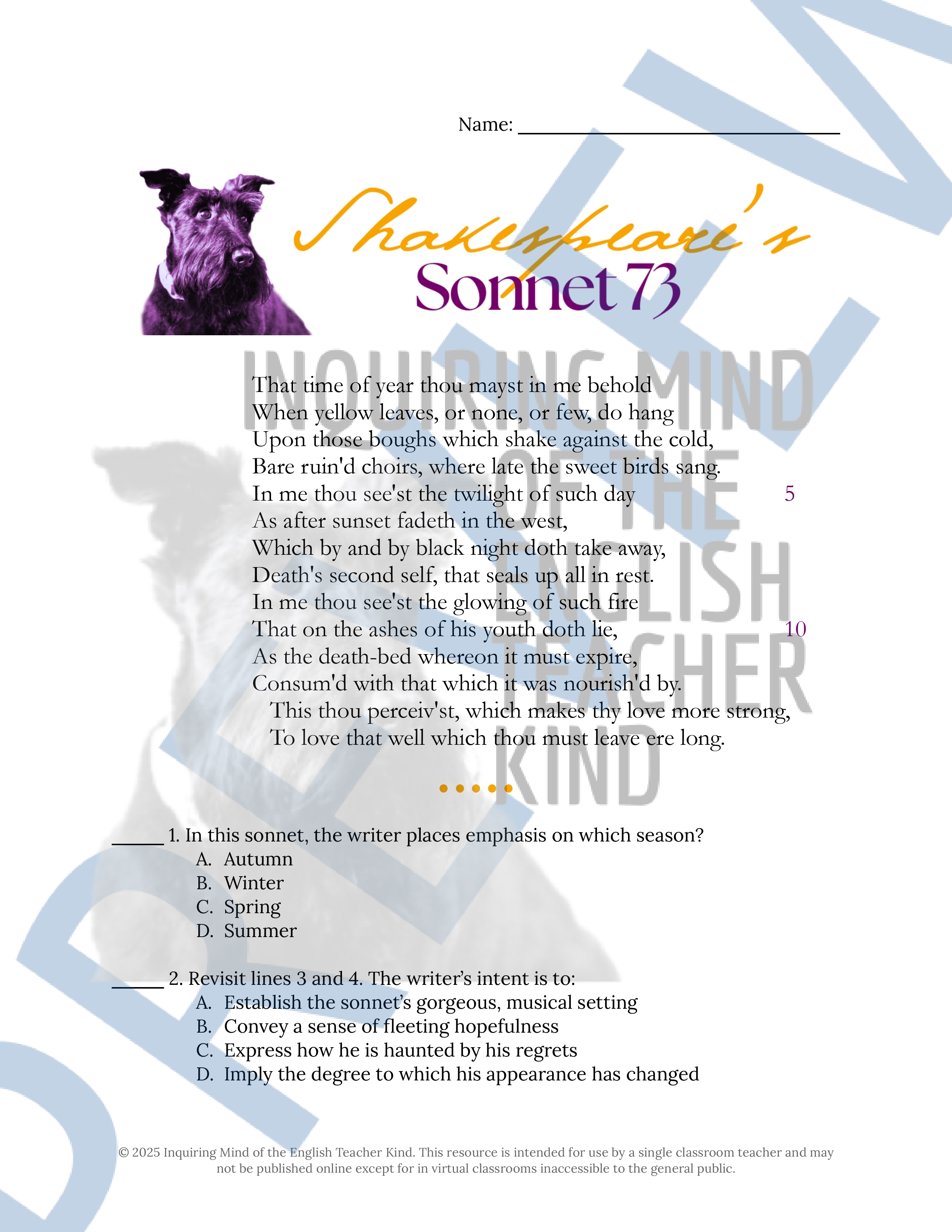 Shakespeare's Sonnet 73 Close Reading Worksheet and Answer Key | Poetry ...