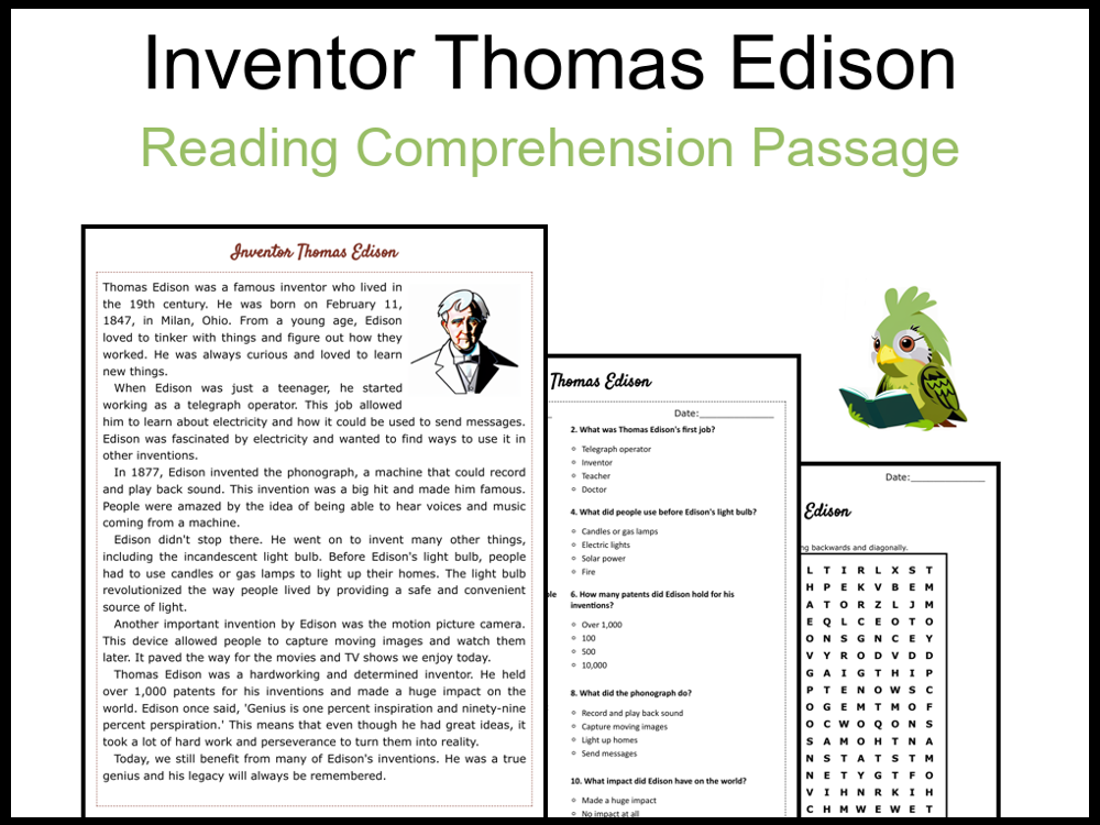 Inventor Thomas Edison Reading Comprehension and Word Search | Teaching ...