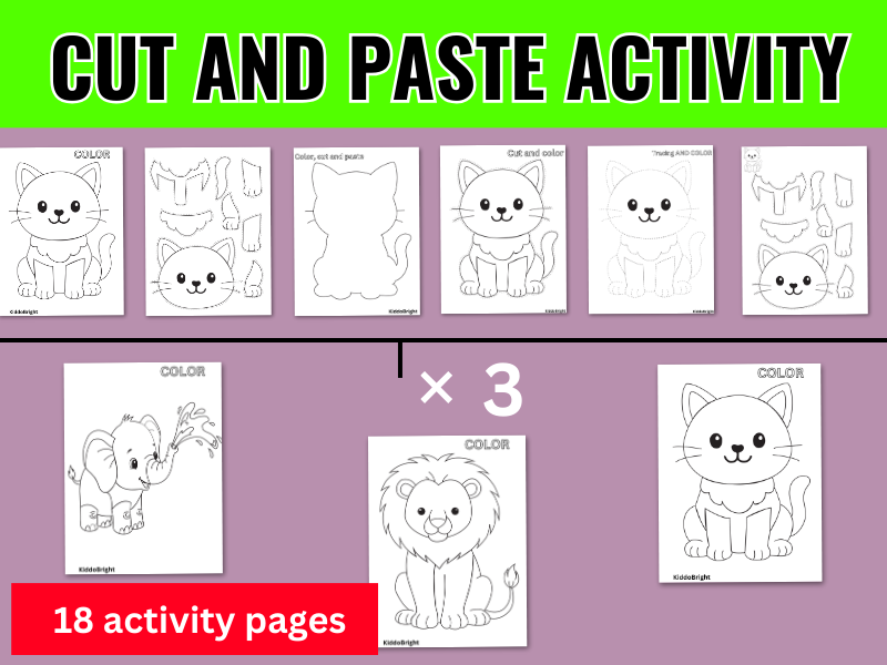 Lion, Elephant and Cat Cut and Paste Activities – 18 Printable Black ...