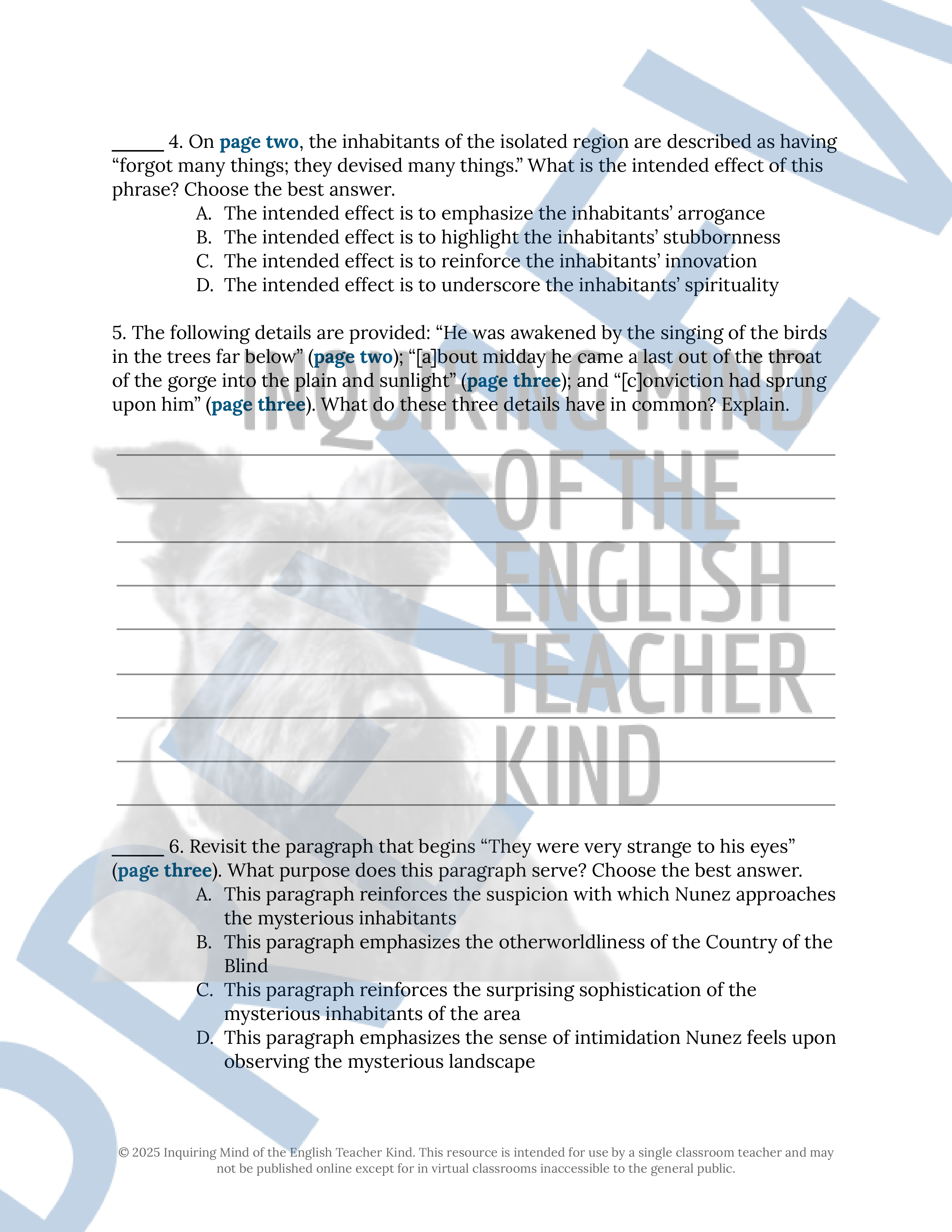 "The Country of the Blind" by H. G. Wells Literary Analysis Worksheet ...