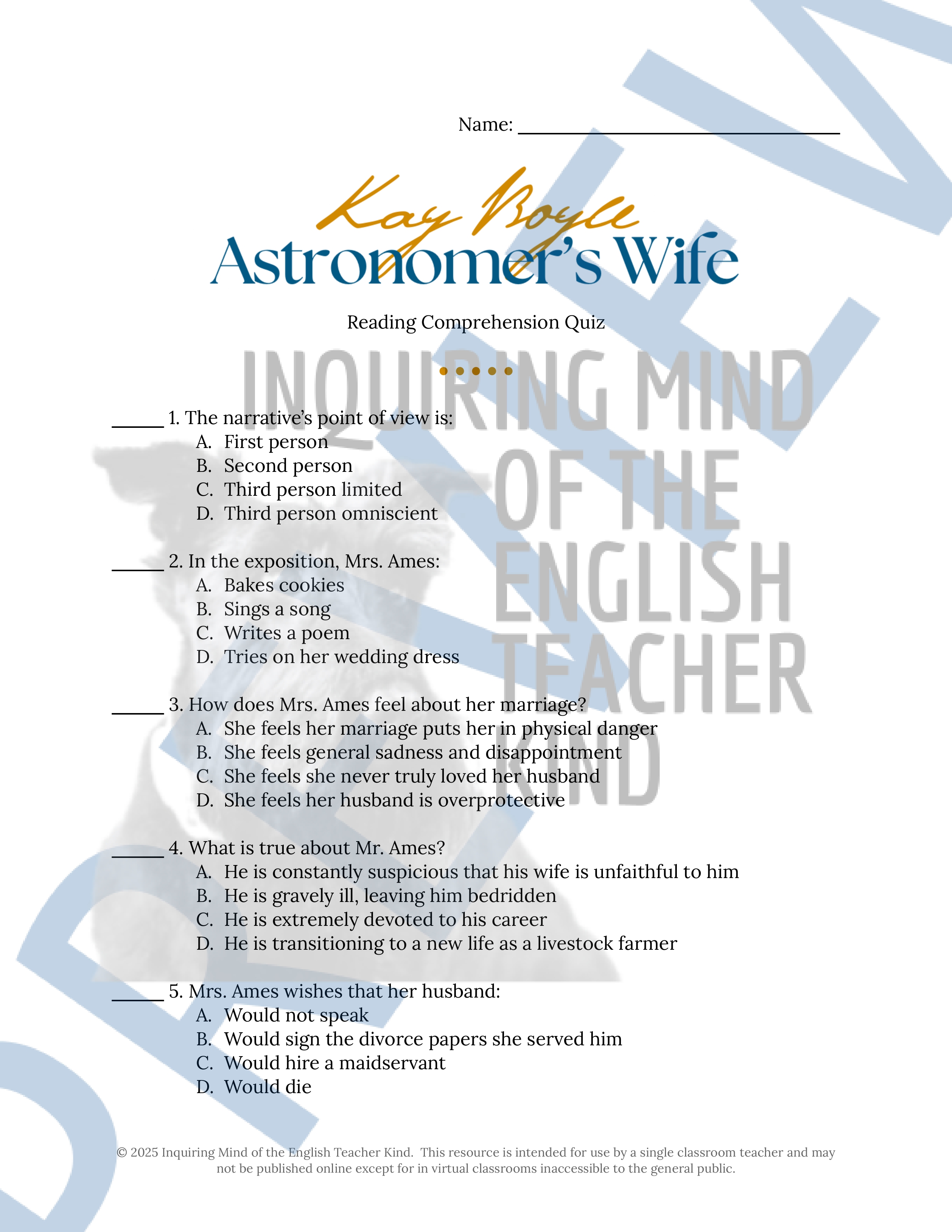 "Astronomer's Wife" by Kay Boyle Quiz and Answer Key (Short Story ...