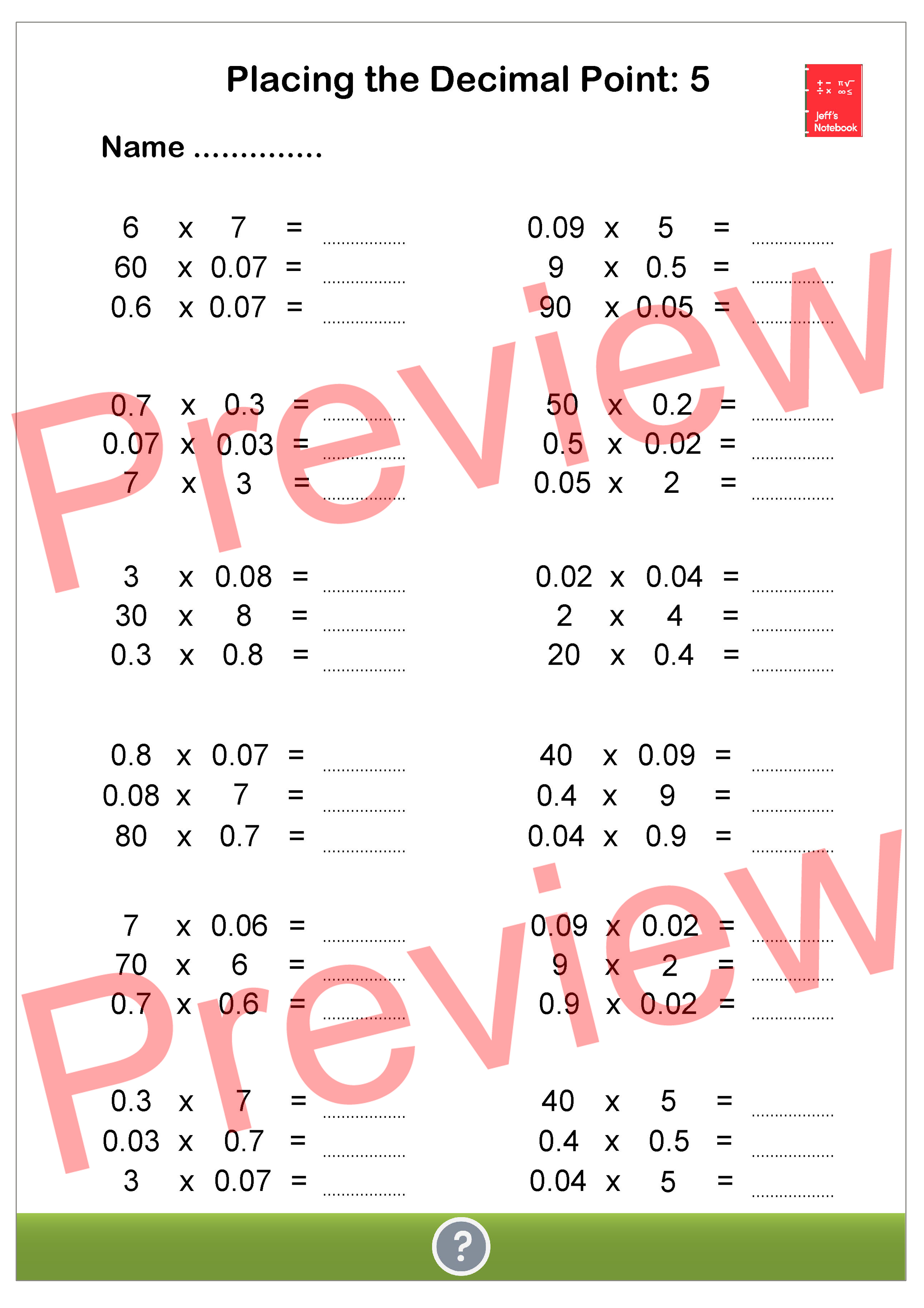 Decimal Multiplication Placing The Decimal Point Teaching Resources Decimal Multiplication Placing The Decimal Point Teaching Resources