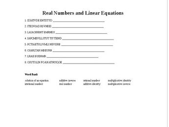 Real Numbers and Linear Equations Word Scramble for a Pre. Algebra ...