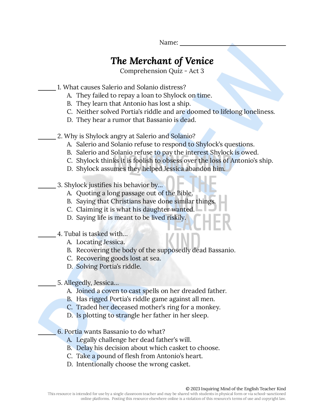 The Merchant of Venice Act 3 Quiz and Answer Key | Teaching Resources