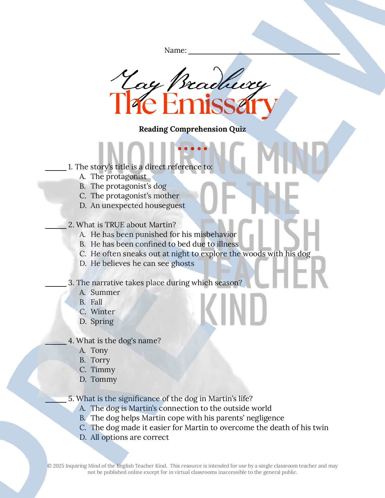 "The Emissary" by Ray Bradbury Quiz and Answer Key (Short Story for ...