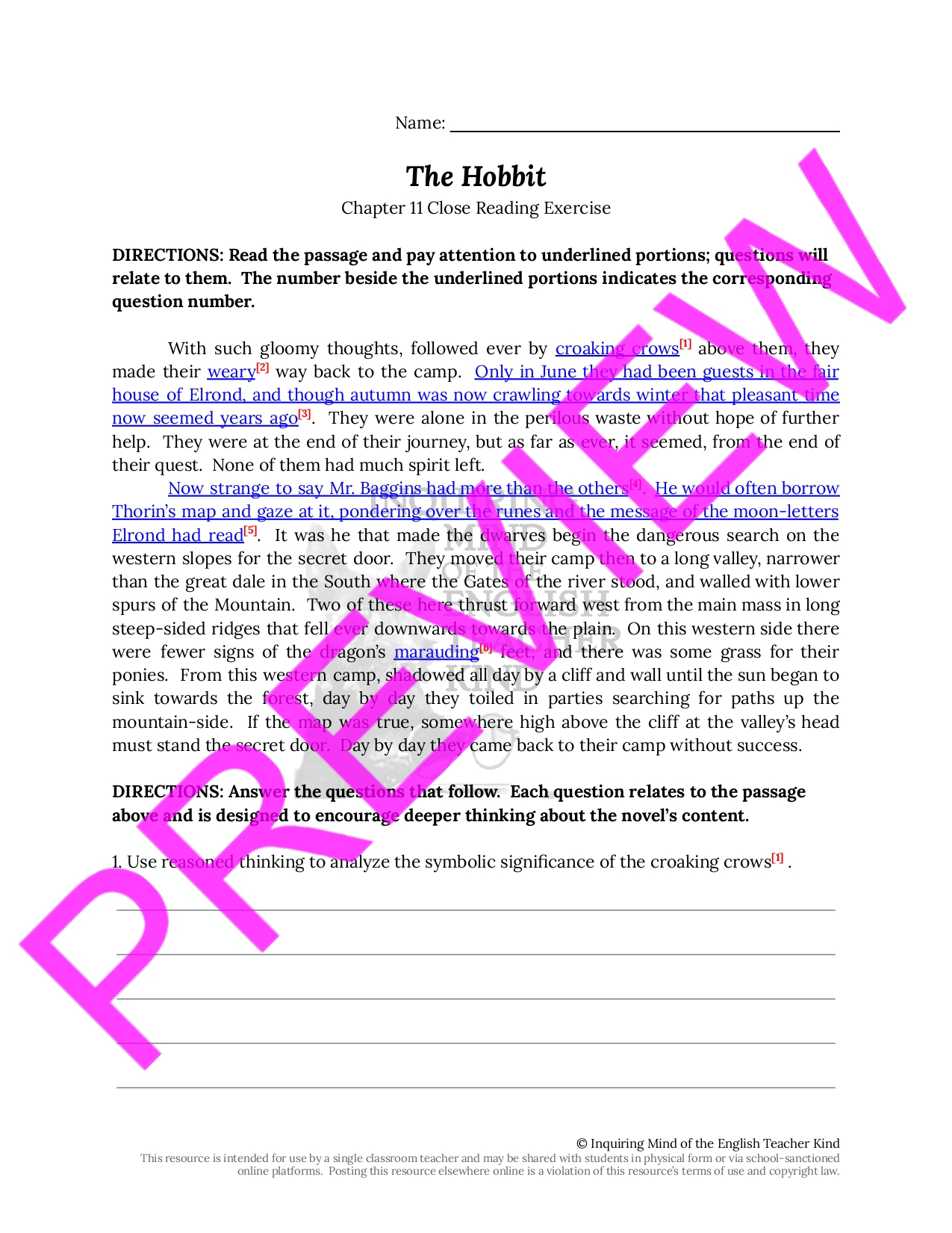 The Hobbit Close Reading Worksheet - Chapter 11 | Teaching Resources