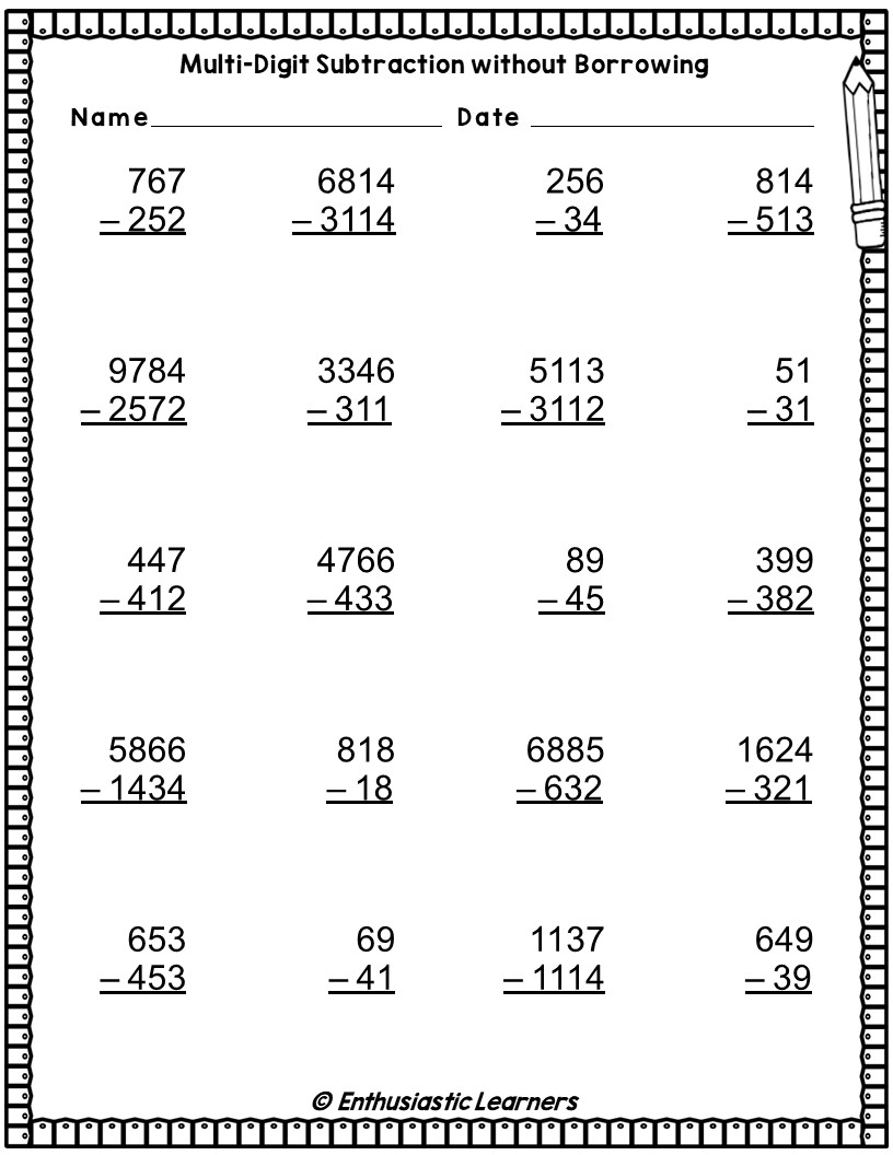 Multi-Digit Subtraction without Borrowing Worksheets – Practice ...