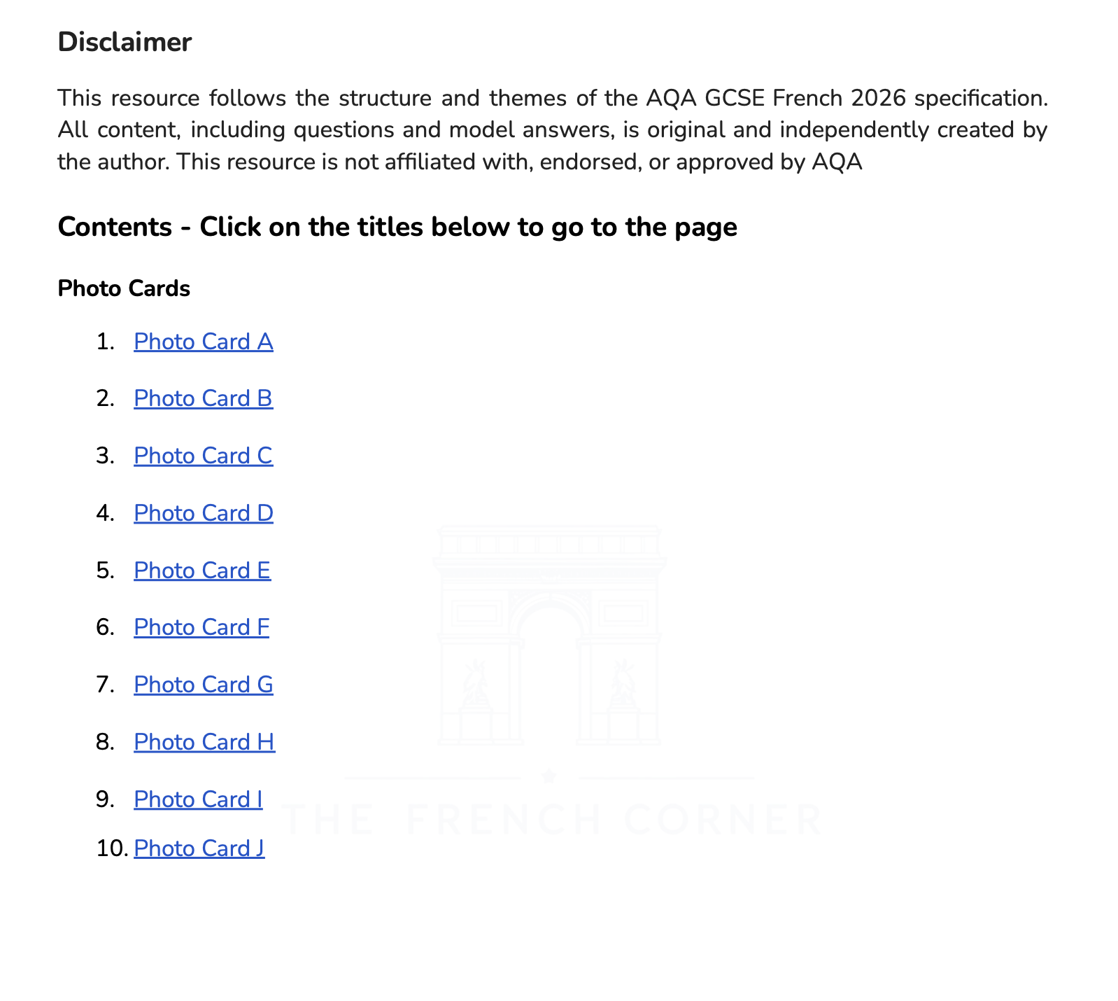 2026 AQA GCSE French Speaking Foundation Tier Photo card | Teaching Resources