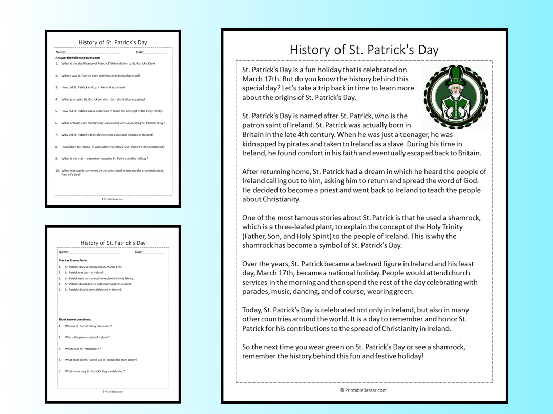History of St. Patrick's Day Reading Comprehension Passage Printable ...