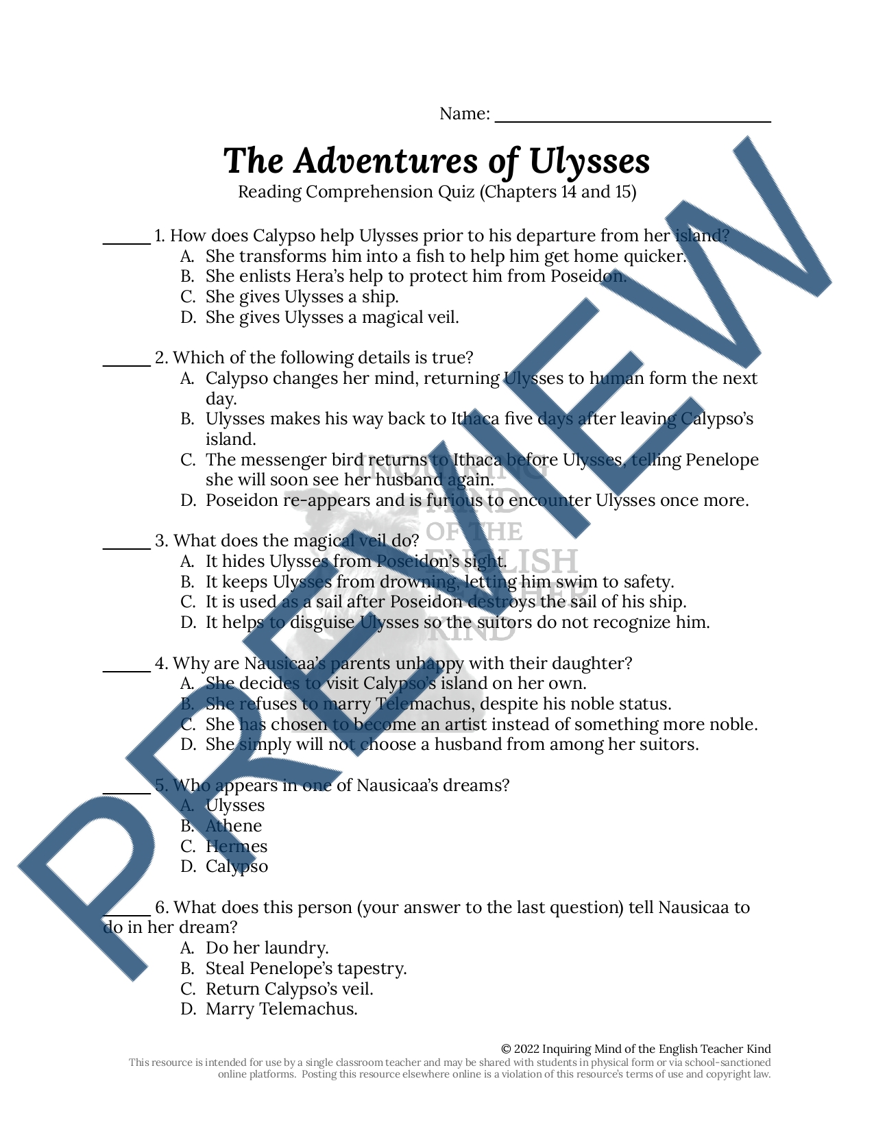Adventures of Ulysses Chapters 14 and 15 Quiz and Answer Key | Teaching ...