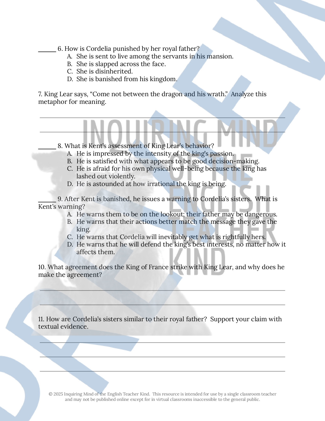 King Lear Act 1 Quiz and Answer Key | Teaching Resources