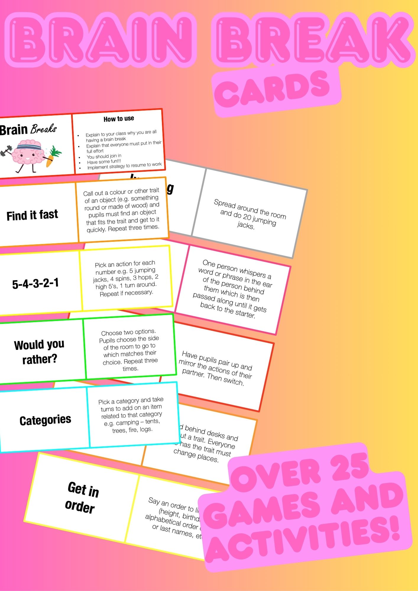 Brain Break Lanyard Cards – 25+ Fun Games & Activities for Pupils ...