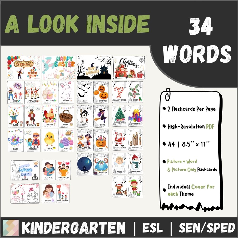 Holidays Flashcards Bundle for ESL Kindergarten - 34 Words Year-Round ...