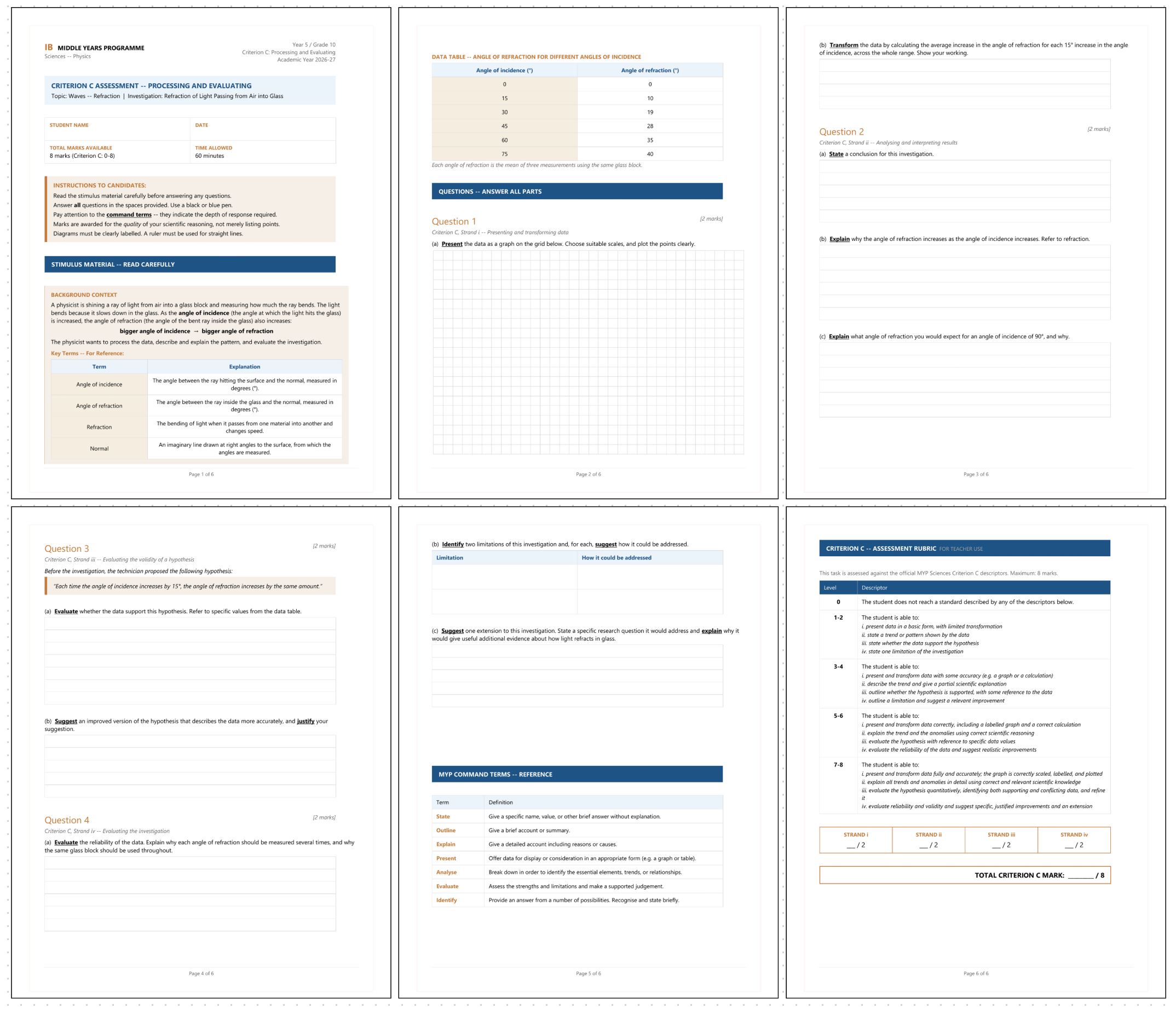 MYP Grade 10 Physics: 3 Criterion C Assessment Tasks - Waves - 2026 ...