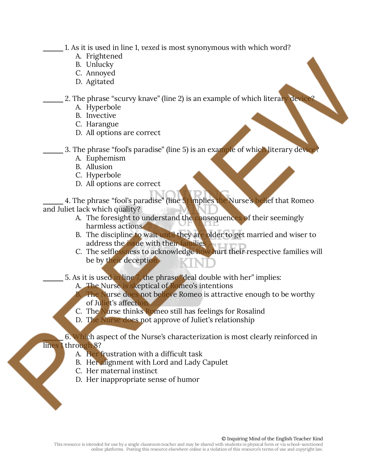 Romeo and Juliet Act 2 Scene 4 Close Reading Worksheet | Teaching Resources