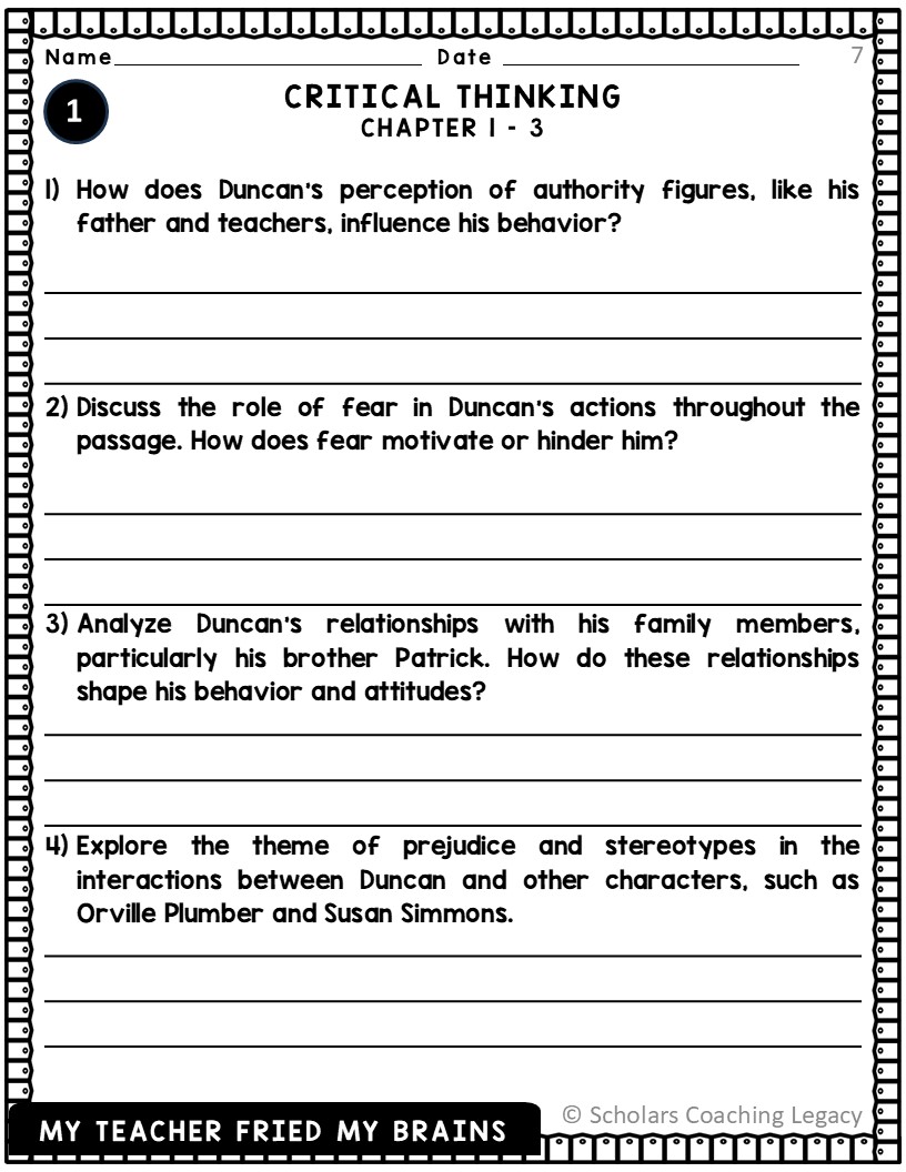 MY TEACHER FRIED MY BRAINS Novel Study Comprehension, Critical Thinking, Vocab, MCQs, True or ...