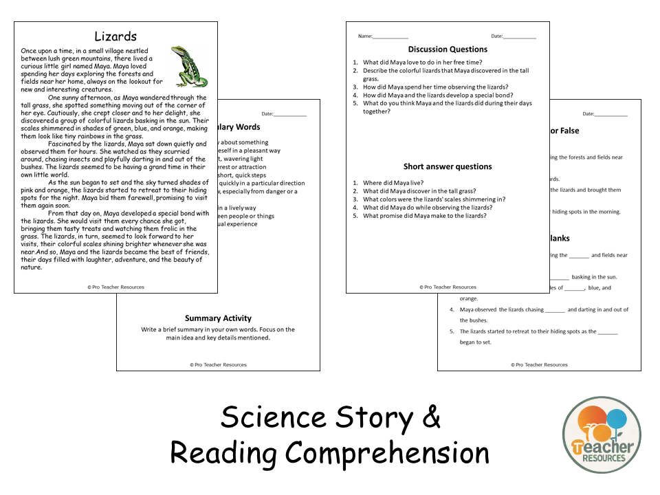 Lizards Reading Science Story Comprehension Questions Worksheet ...