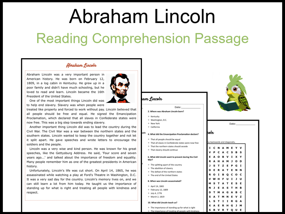 Abraham Lincoln Reading Comprehension and Word Search | Teaching Resources