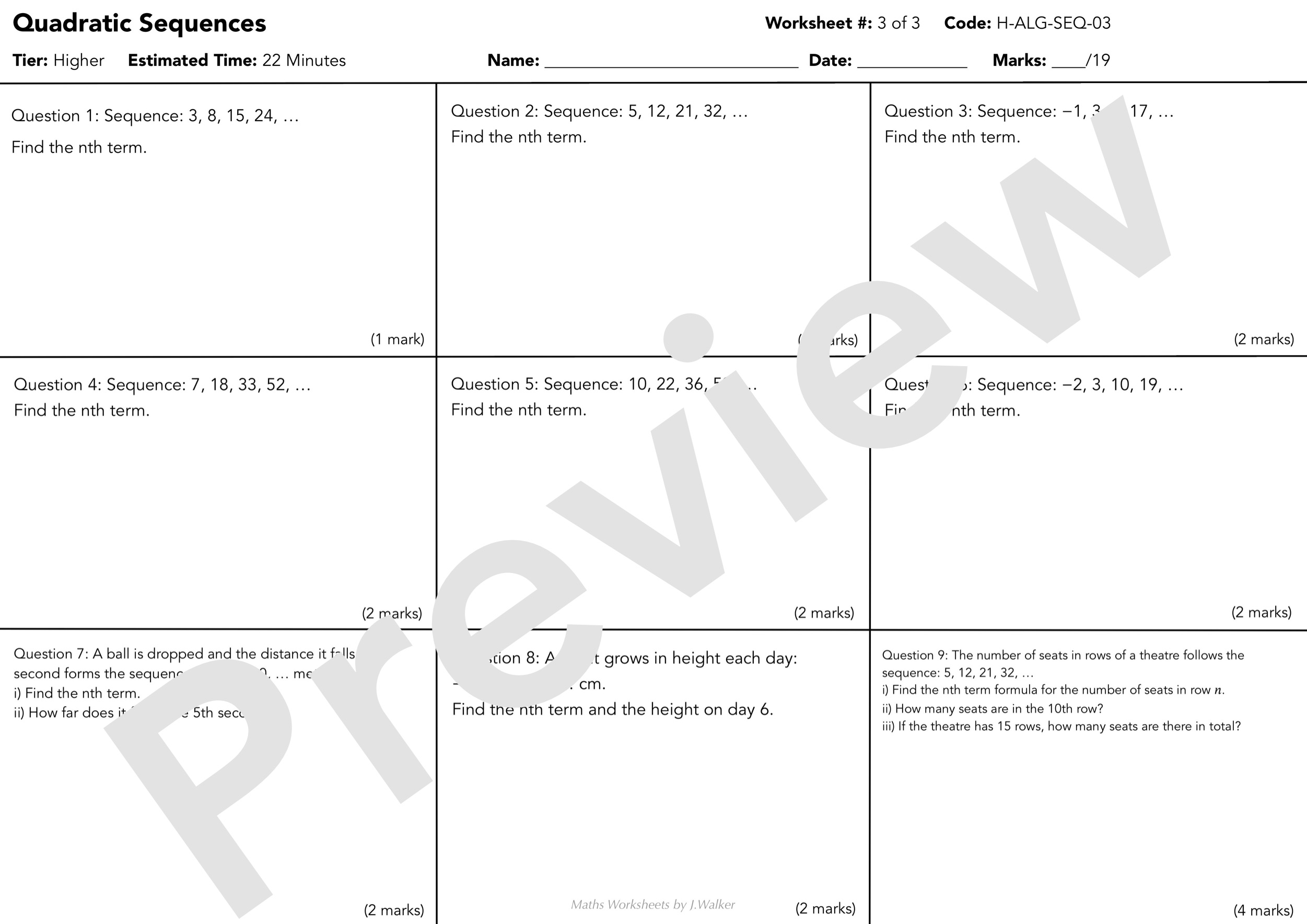 GCSE Maths Worksheet: Quadratic Sequences - Higher Tier | Teaching Resources