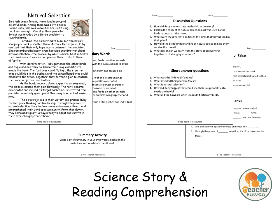 Natural Selection Reading Science Story Comprehension Questions ...