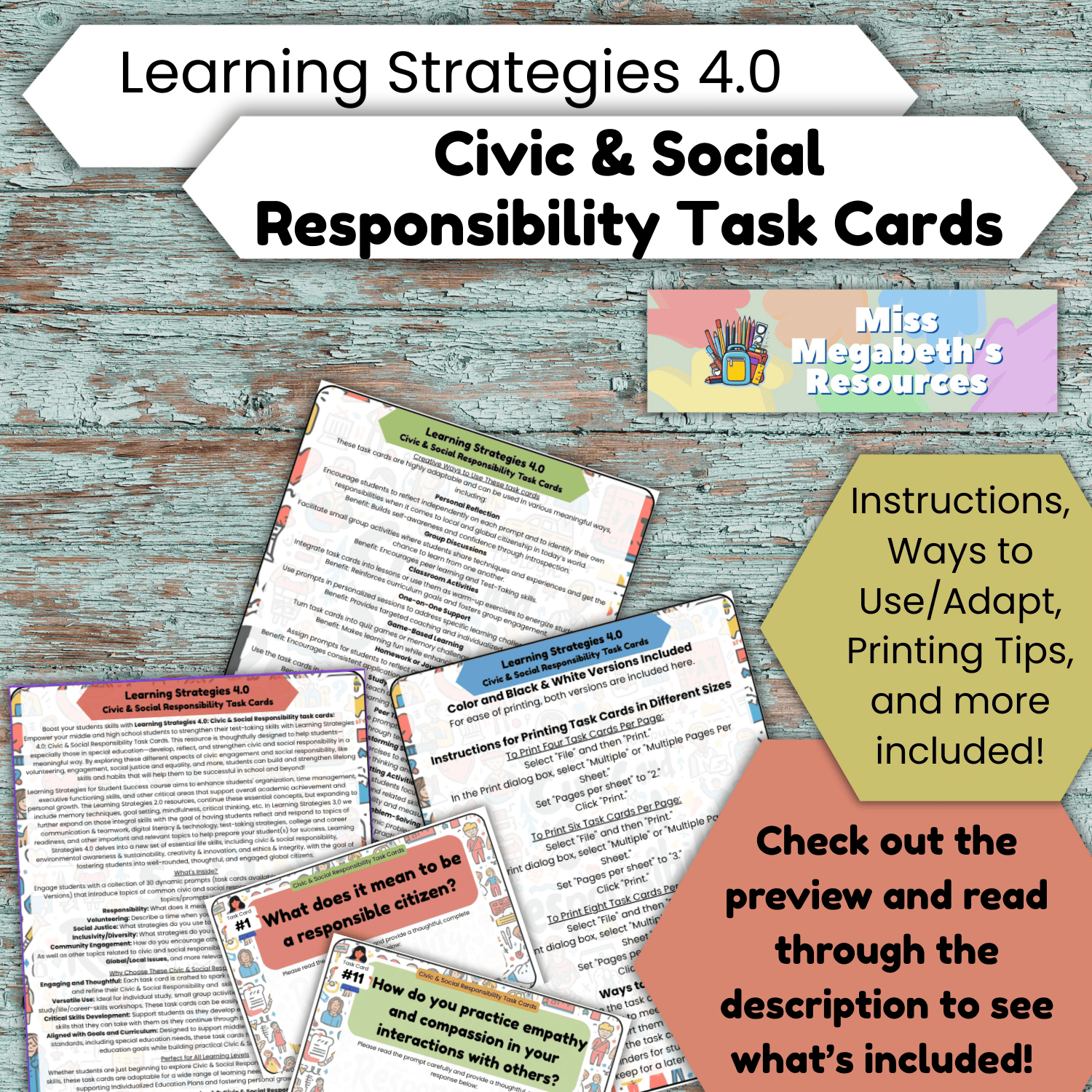 Learning Strategies 4.0: Civic & Social Responsibility Task Cards | No ...