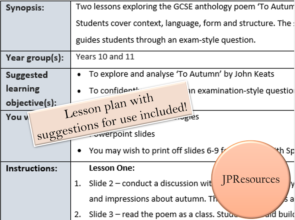 To Autumn by John Keats - Eduqas Poetry - two GCSE lessons | Teaching ...