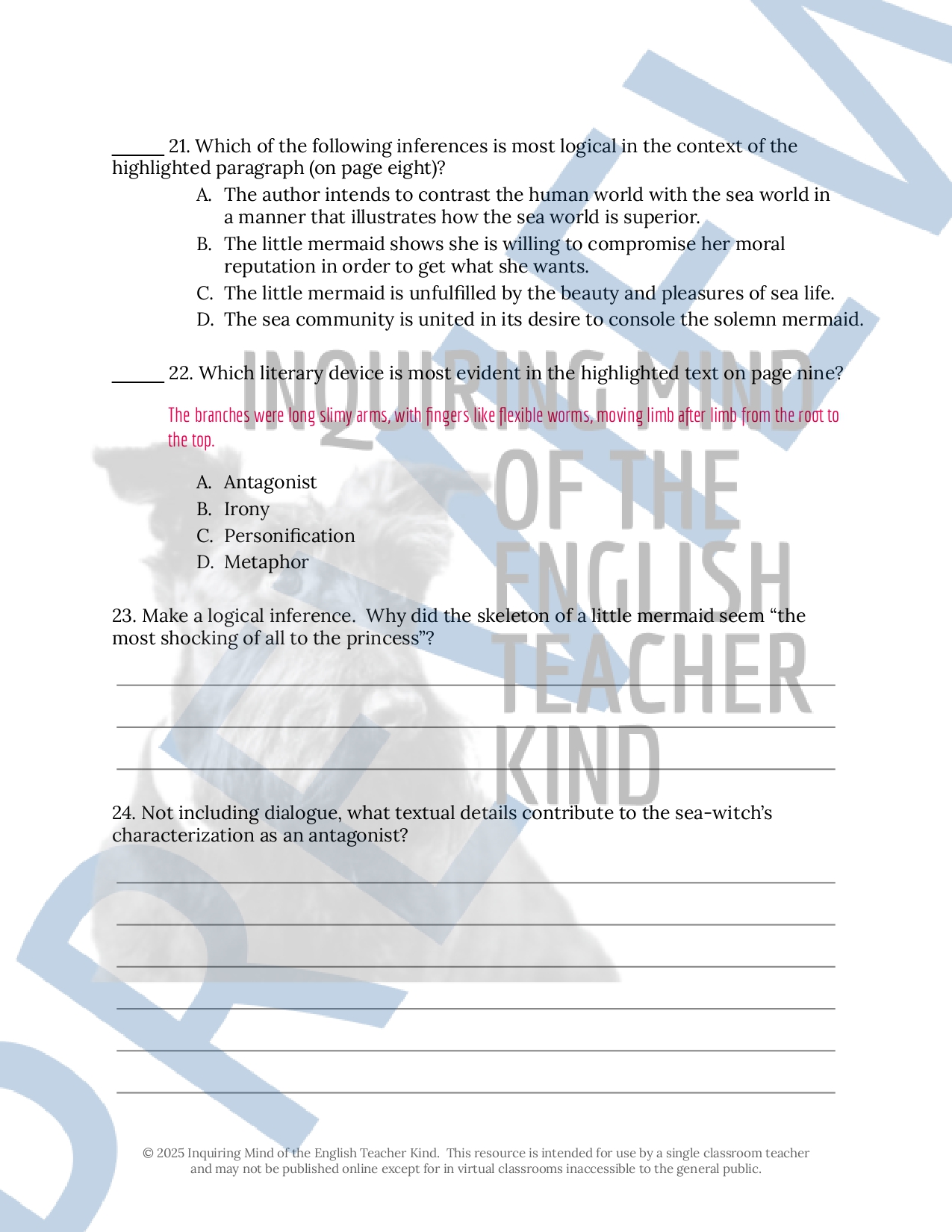"The Little Mermaid" by Hans Christian Andersen Close Reading Worksheet ...