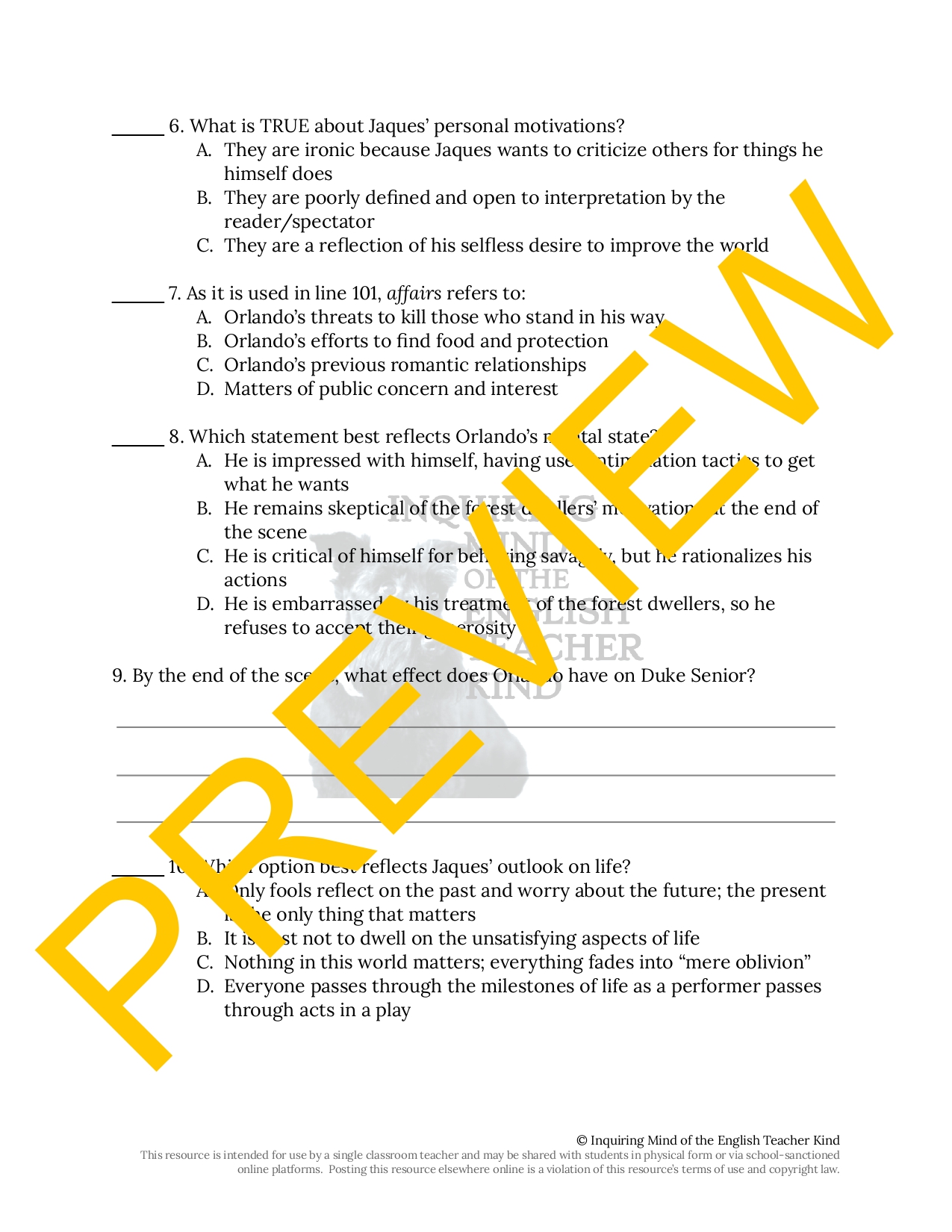 As You Like It Act 2 Scene 7 Close Reading Worksheet | Teaching Resources