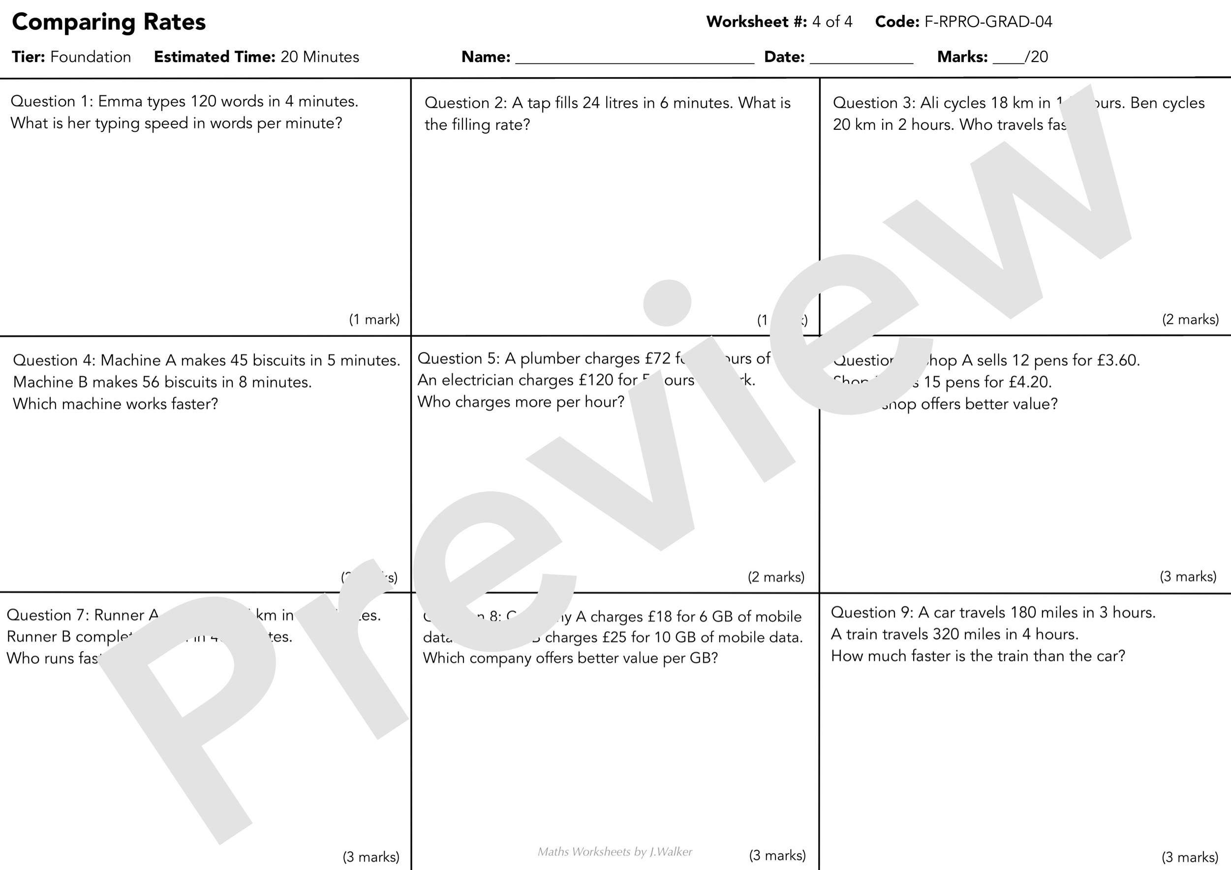 GCSE Maths Worksheet: Comparing Rates - Foundation Tier | Teaching ...