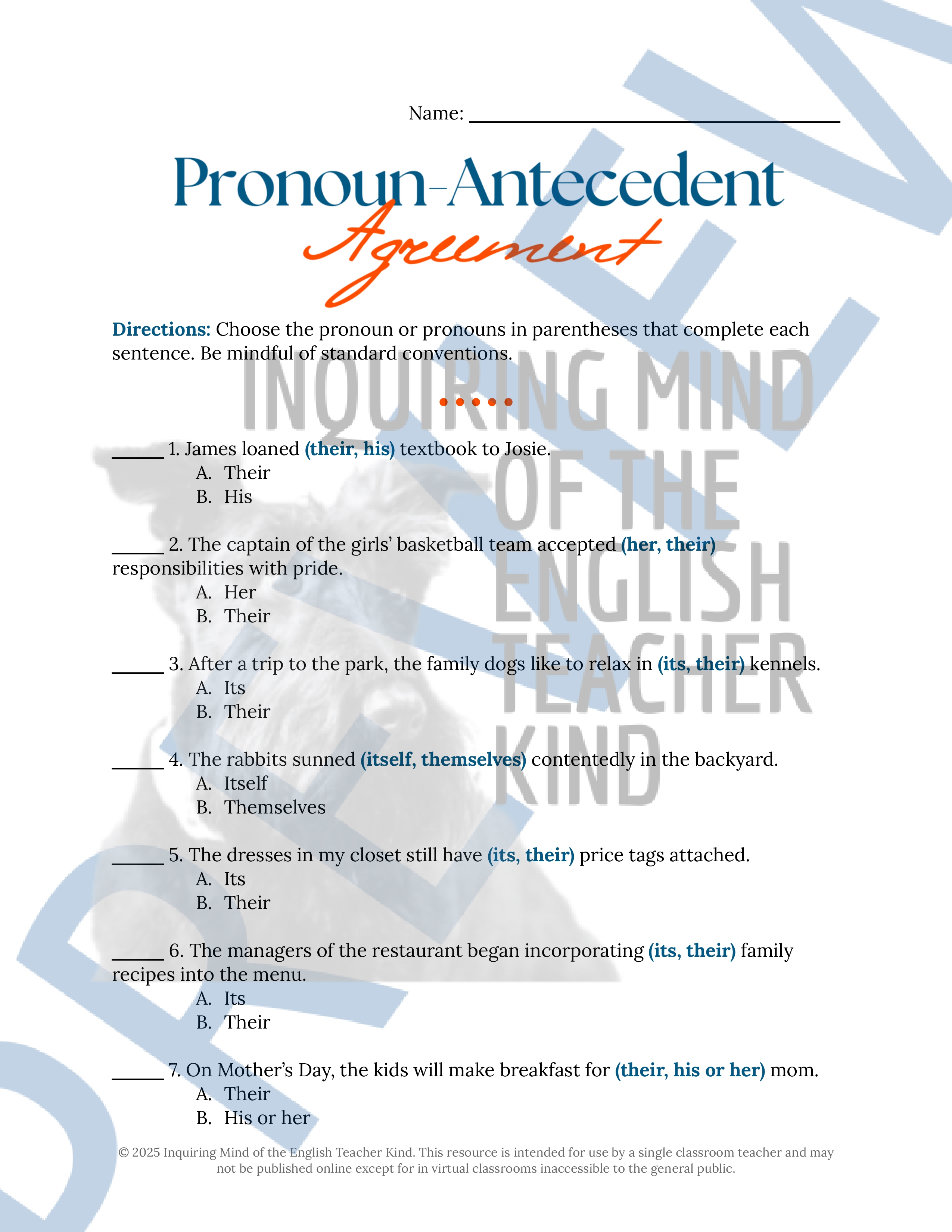 Grammar Practice Worksheet on Pronoun-Antecedent Agreement | Teaching ...