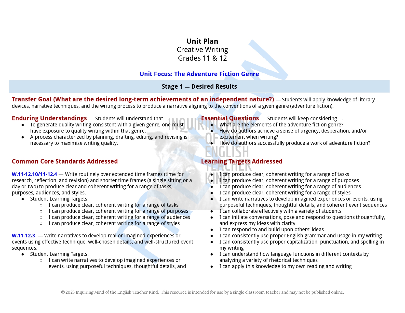 High School Creative Writing Unit Plan For Adventure Fiction Teaching