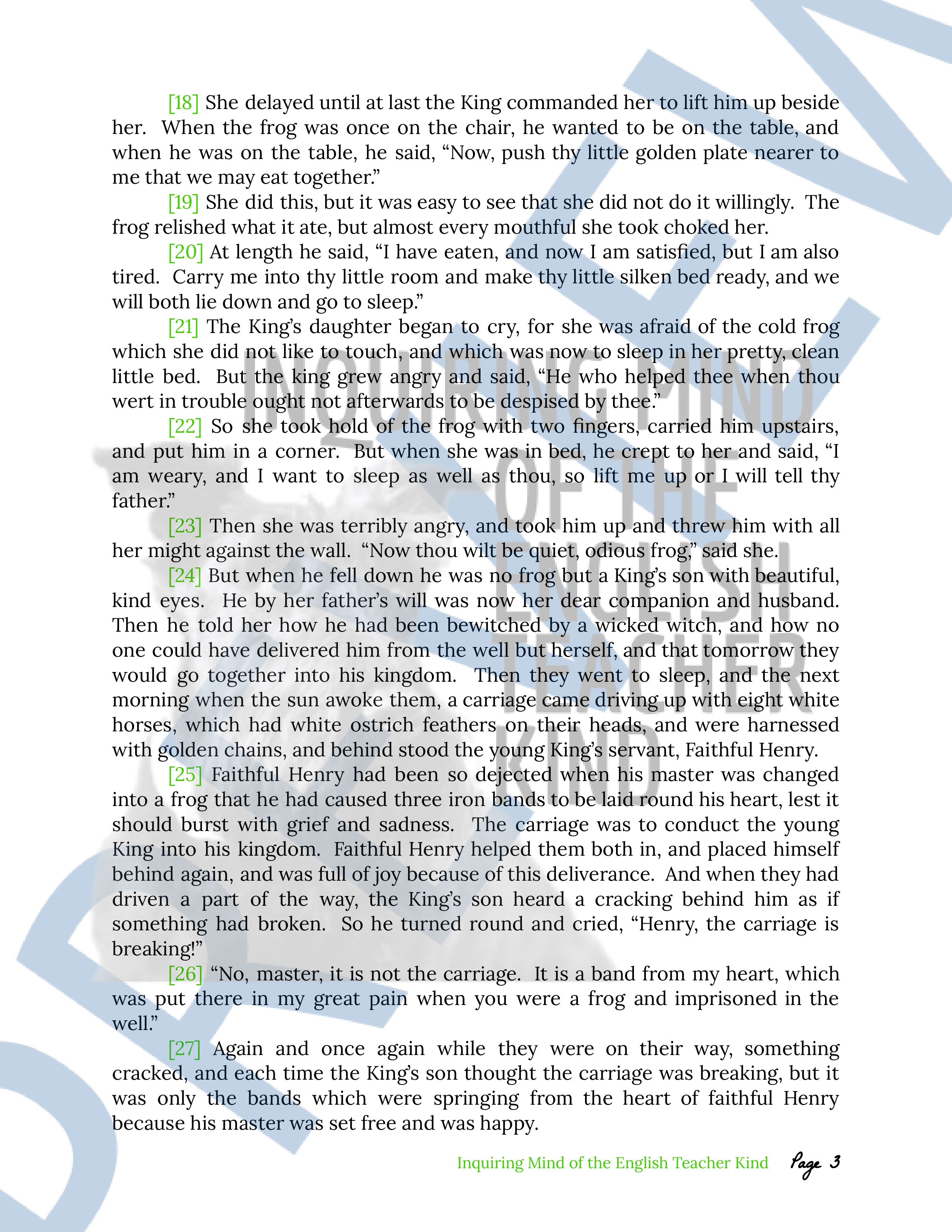 "The Frog King" Quiz and Answer Key | Brothers Grimm Fairy Tale ...