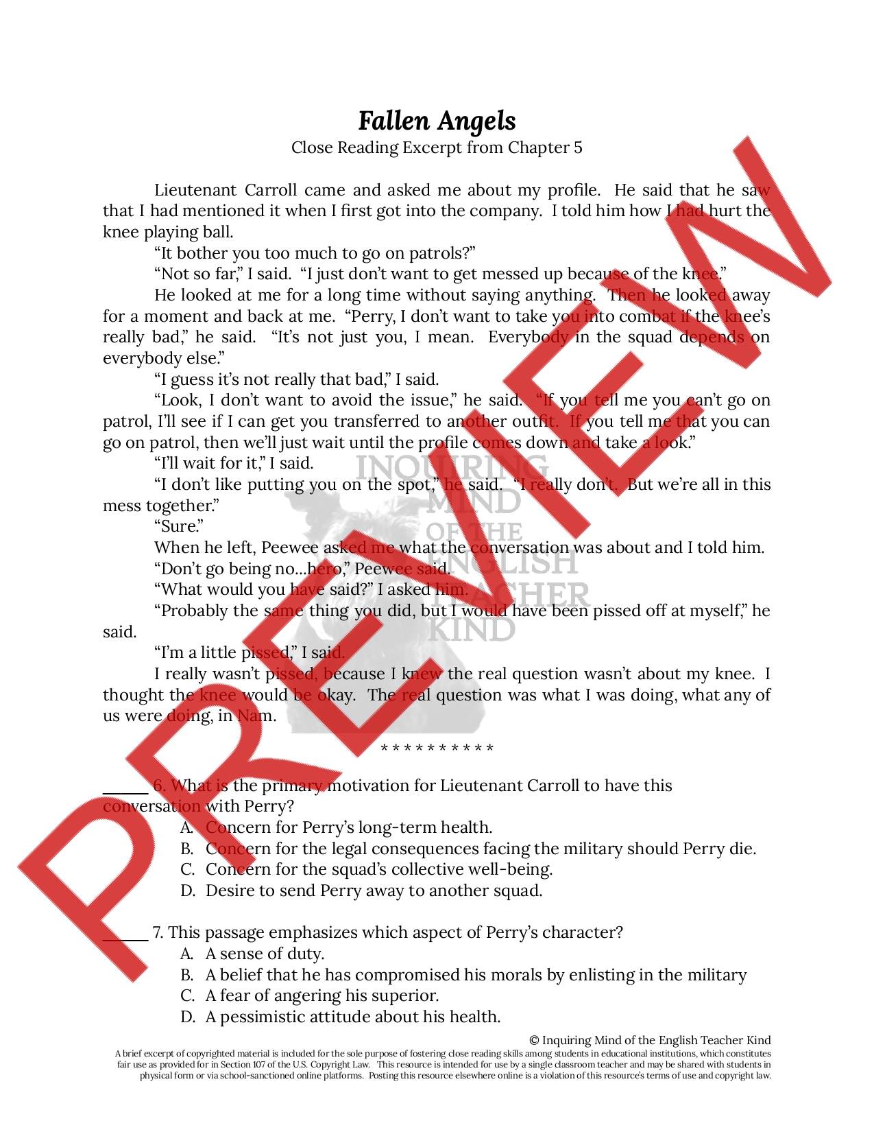 Fallen Angels by Walter Dean Myers Chapter 5 Close Reading Worksheet ...