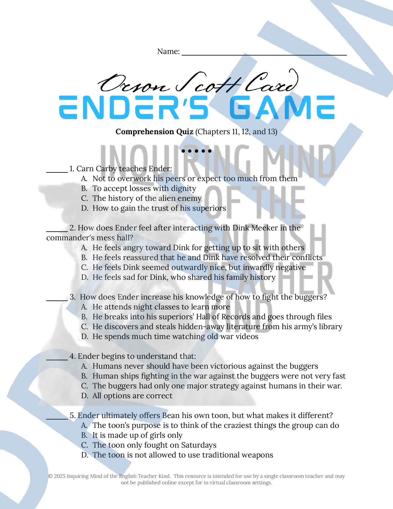 Ender's Game Chapters 11 through 13 Quiz and Answer Key | Teaching ...