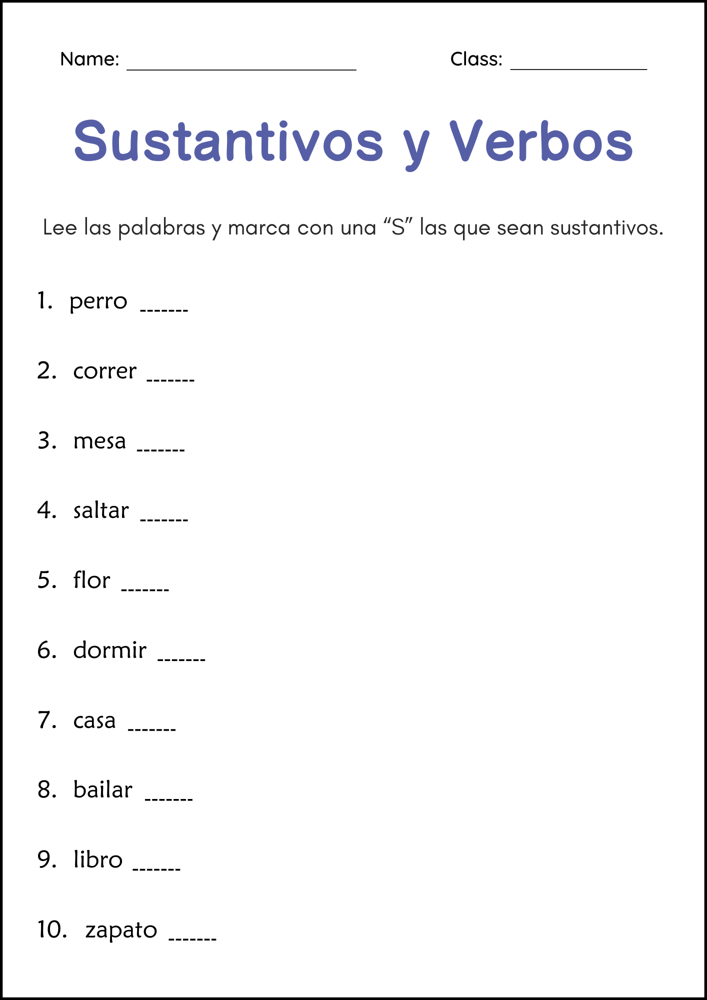 Sustantivos y Verbos - Nouns and Verbs Grammar Worksheets in Spanish ...