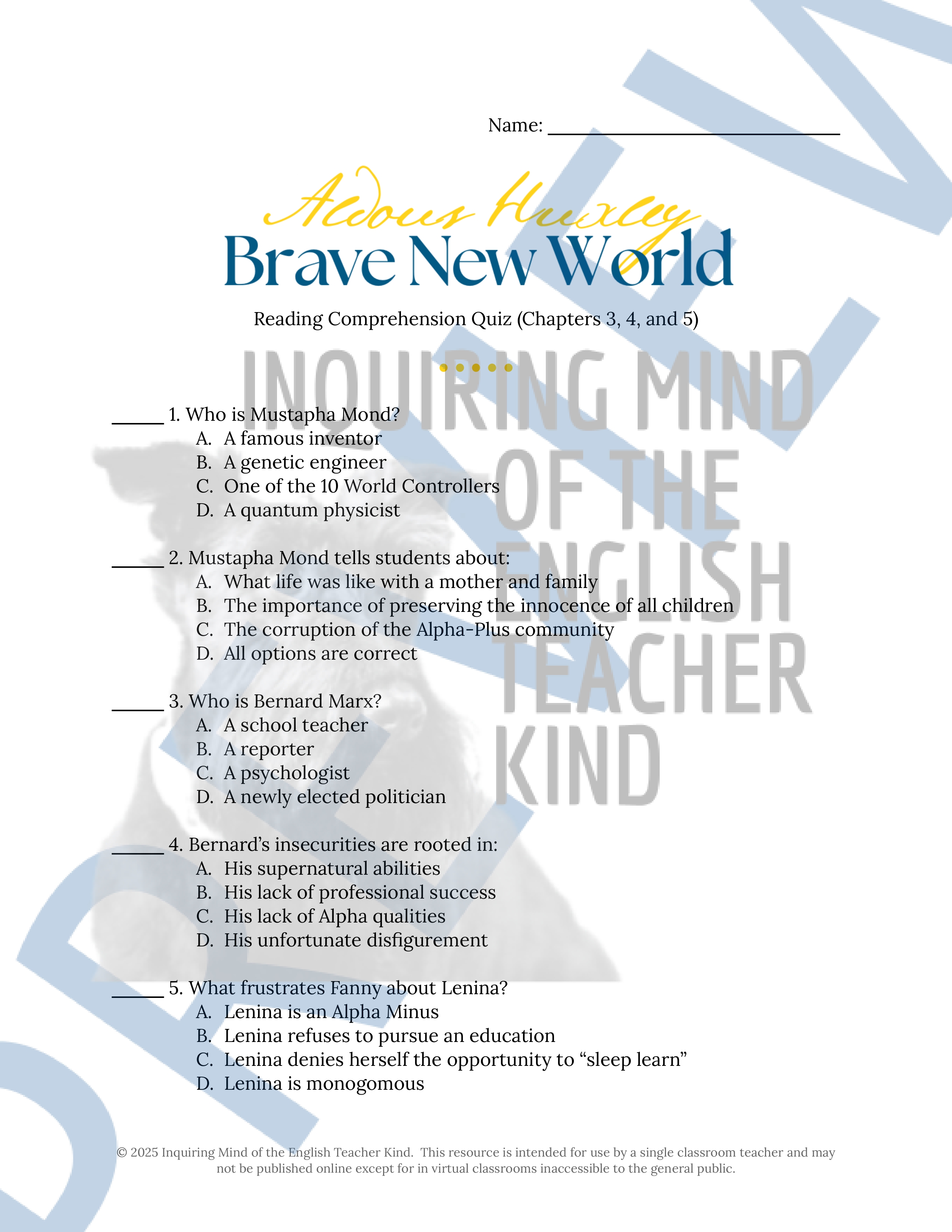 Brave New World Chapters 3, 4, and 5 Quiz and Answer Key | Teaching ...