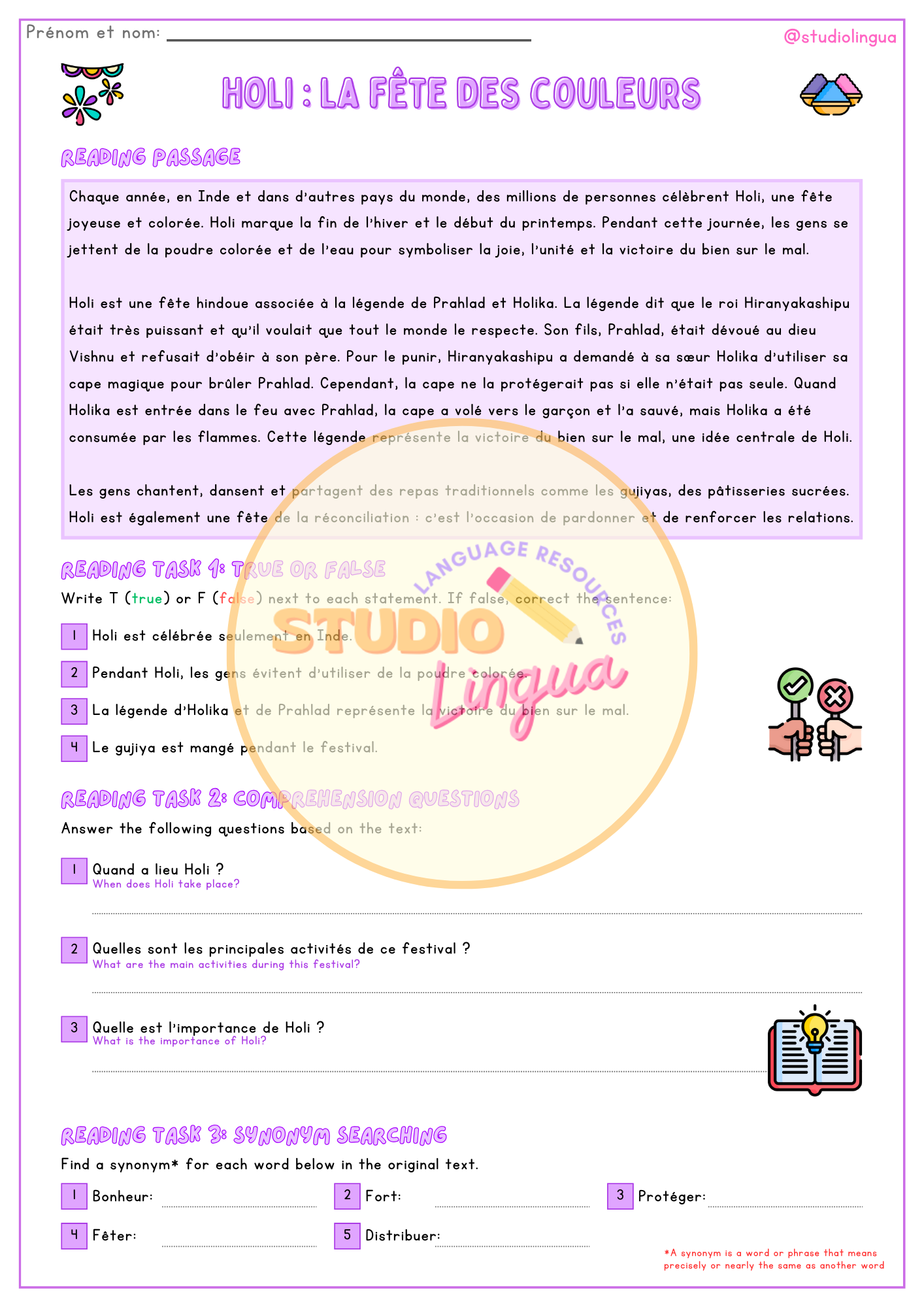 Holi Festival French Reading Comprehension | A2/B1 Level (KS3/4 ...