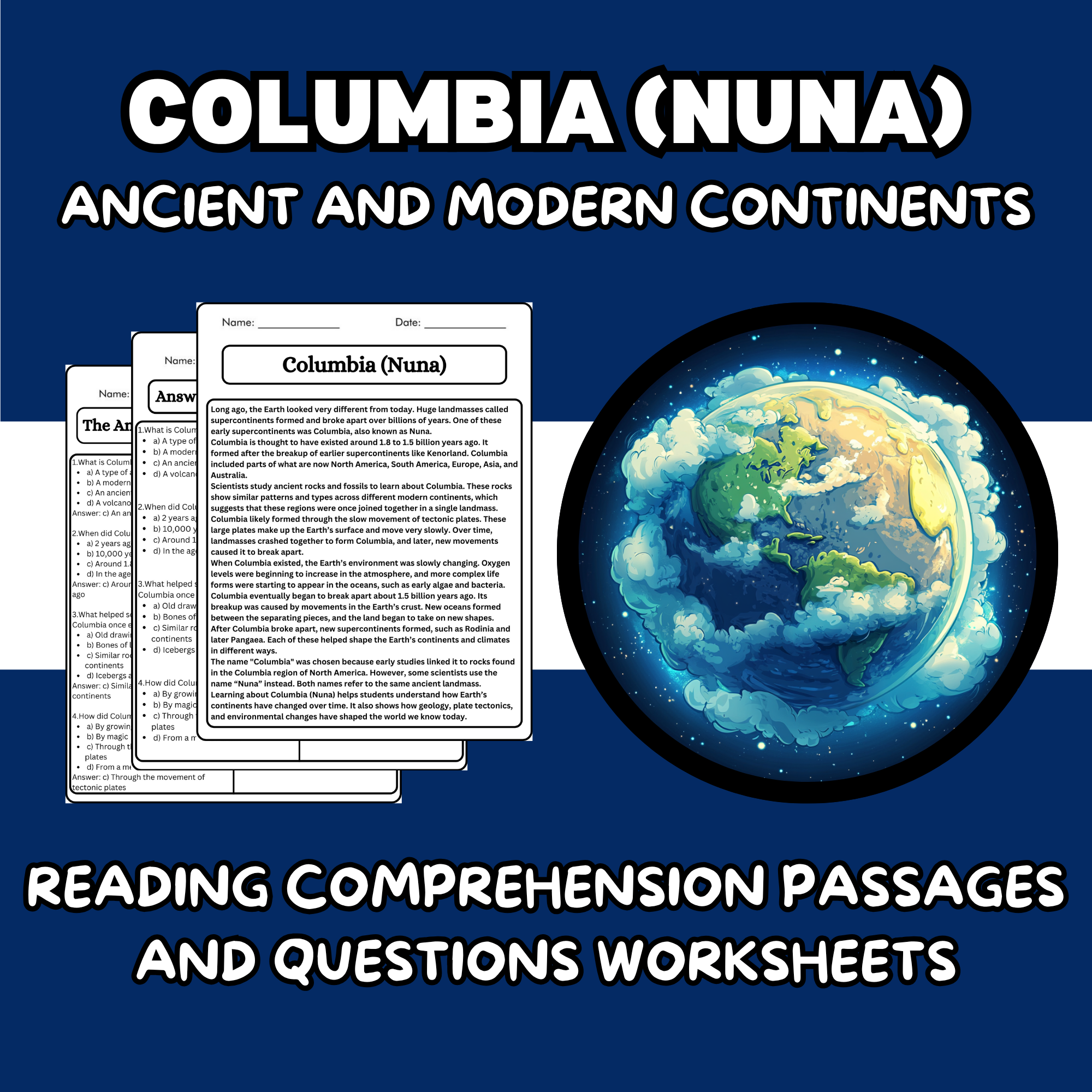 Columbia (Nuna) - Ancient and Modern Continents Reading Comprehension ...