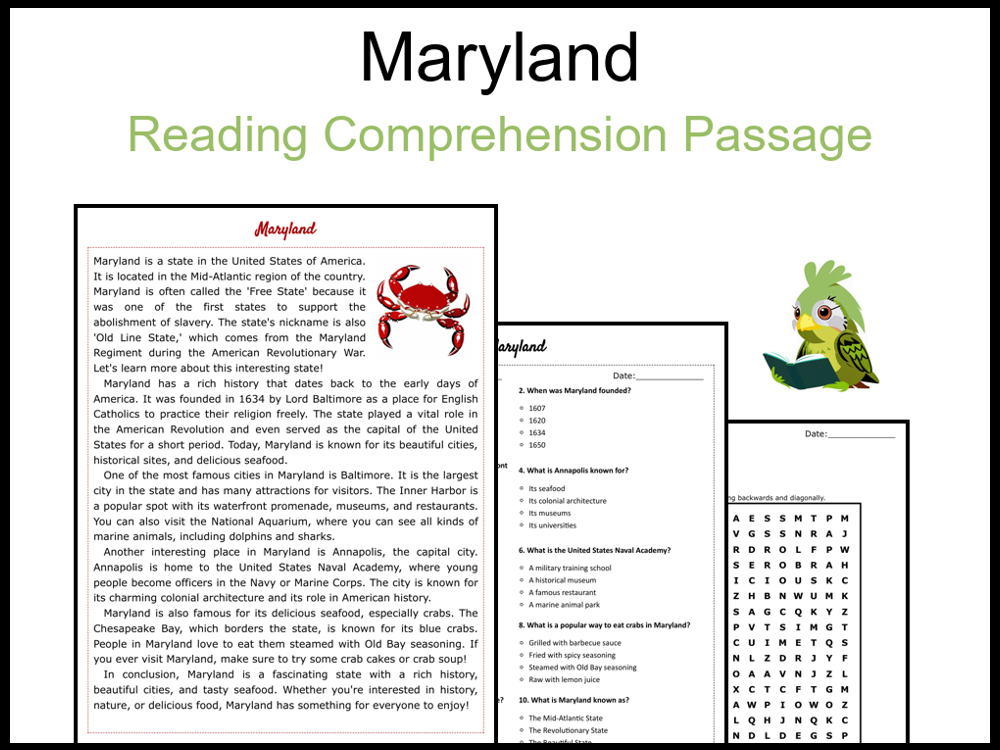 Maryland Reading Comprehension and Word Search | Teaching Resources