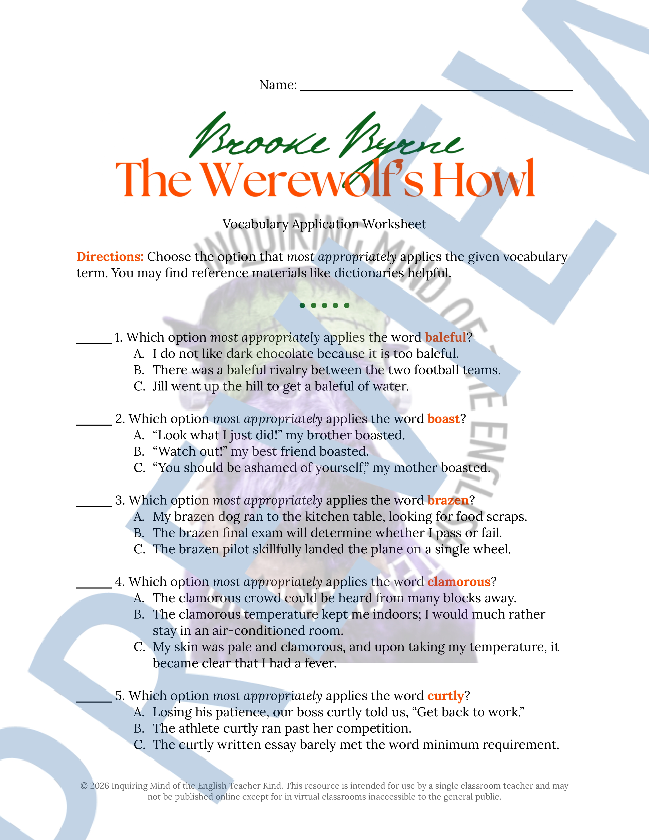 "The Werewolf's Howl" by Brooke Byrne Vocabulary Activities | Weird ...