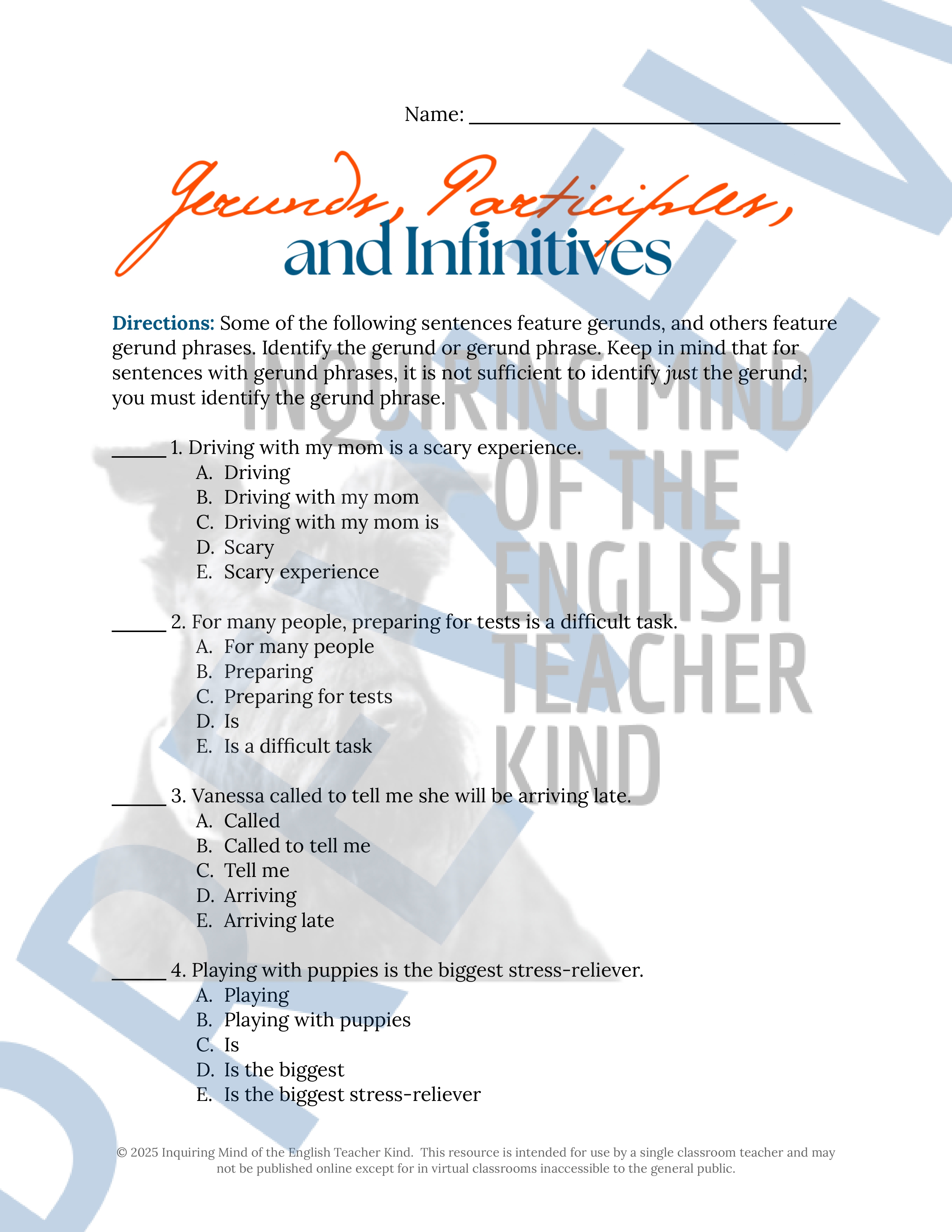Grammar Review Worksheet on Gerunds, Participles, and Infinitives with ...