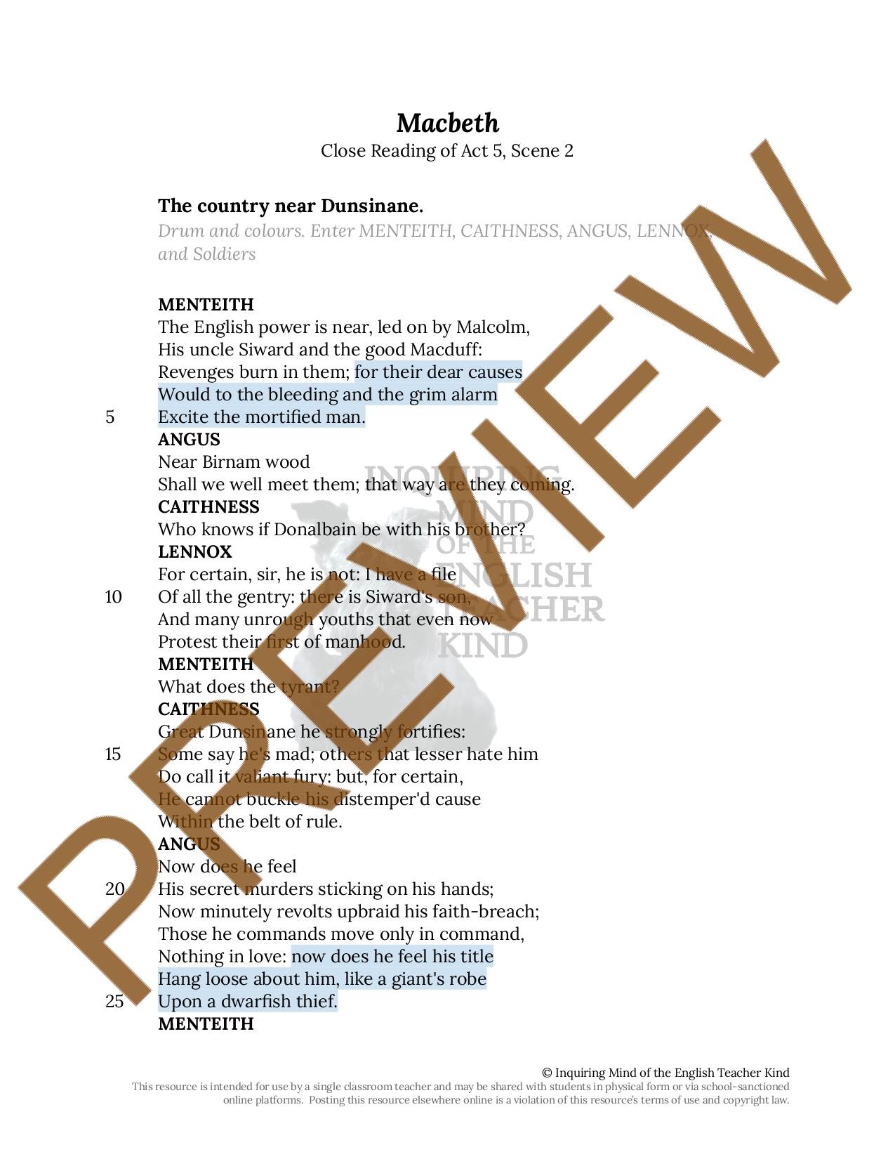 Macbeth Act 5 Scene 2 Close Reading Worksheet | Teaching Resources