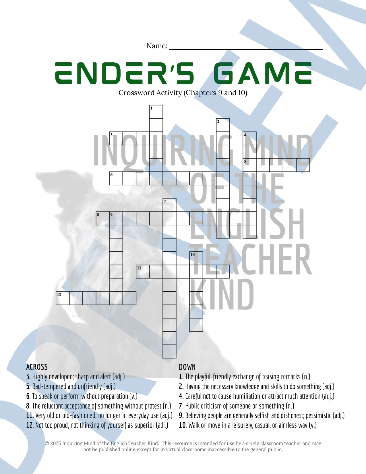 Ender's Game Chapters 9 and 10 Vocabulary Games and Activities ...
